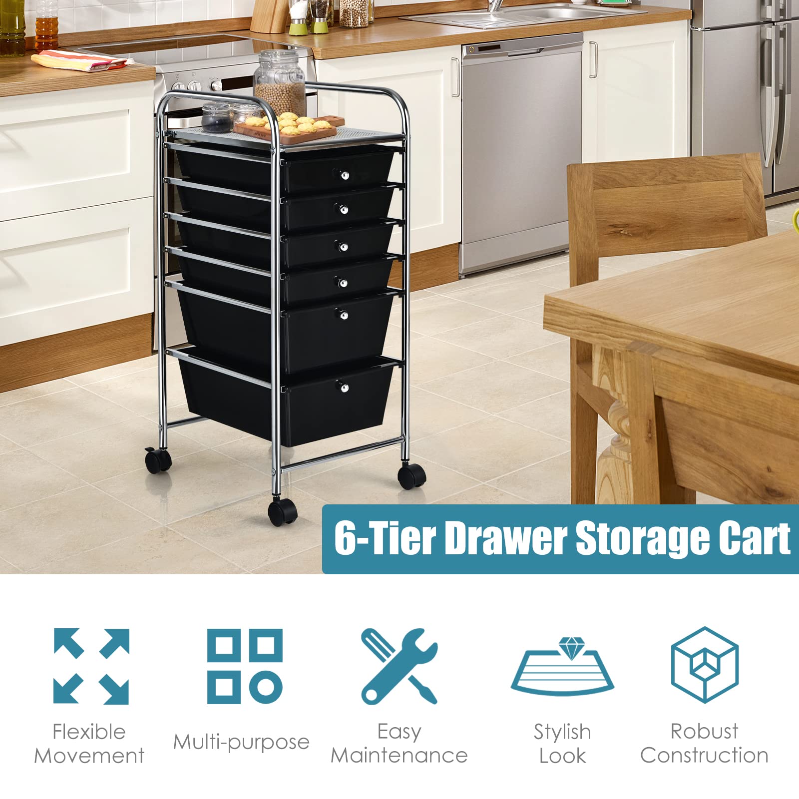 SILKYDRY 6-Drawer Rolling Storage Cart, Multipurpose Utility Drawers Cart with Wheels, Removable Drawers for Craft Scrapbook Tool Paper, Art Organizers and Storage for Home Office School (Black)