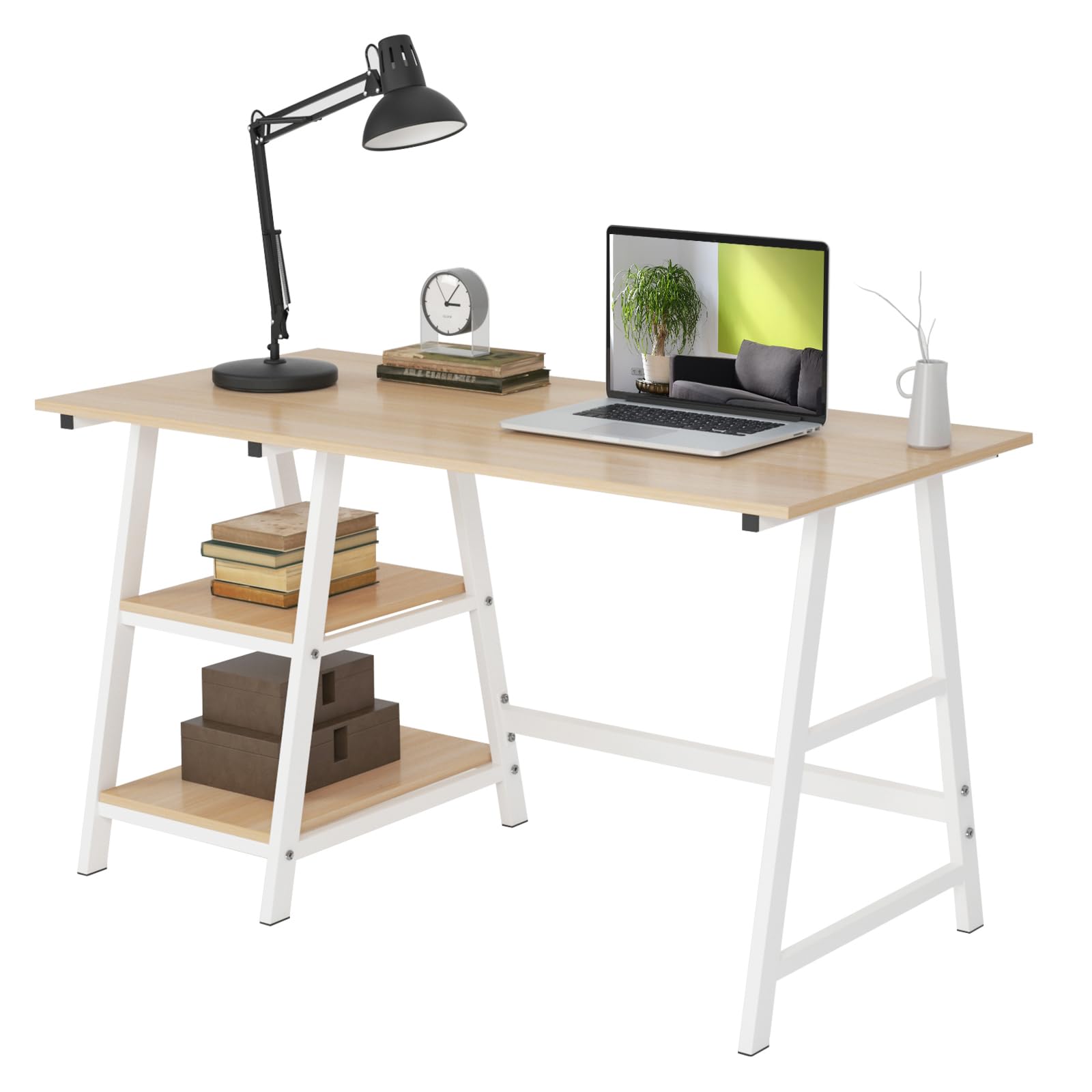 SogesGame Computer Desk Laptop PC Desk,Trestle Desk Writing Study Home Office Workstation with 2 Storage Shelf, Easy to Assemble Table for Home Office Study Writing and Office (55 inches, Maple)