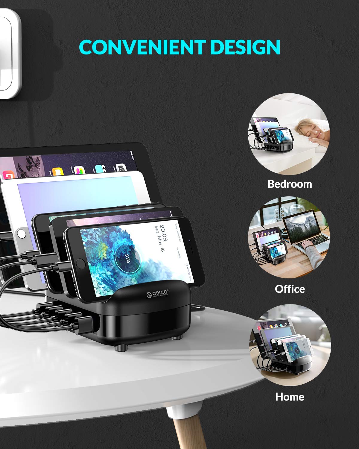 ORICO USB Charging Station 5-Port Fast Charging Dock for Multiple Devices, Smart Charger Organizer with 5 Short Charger Cables Compatible for Apple iPad iPhone Android (5 Charging Cables Included)