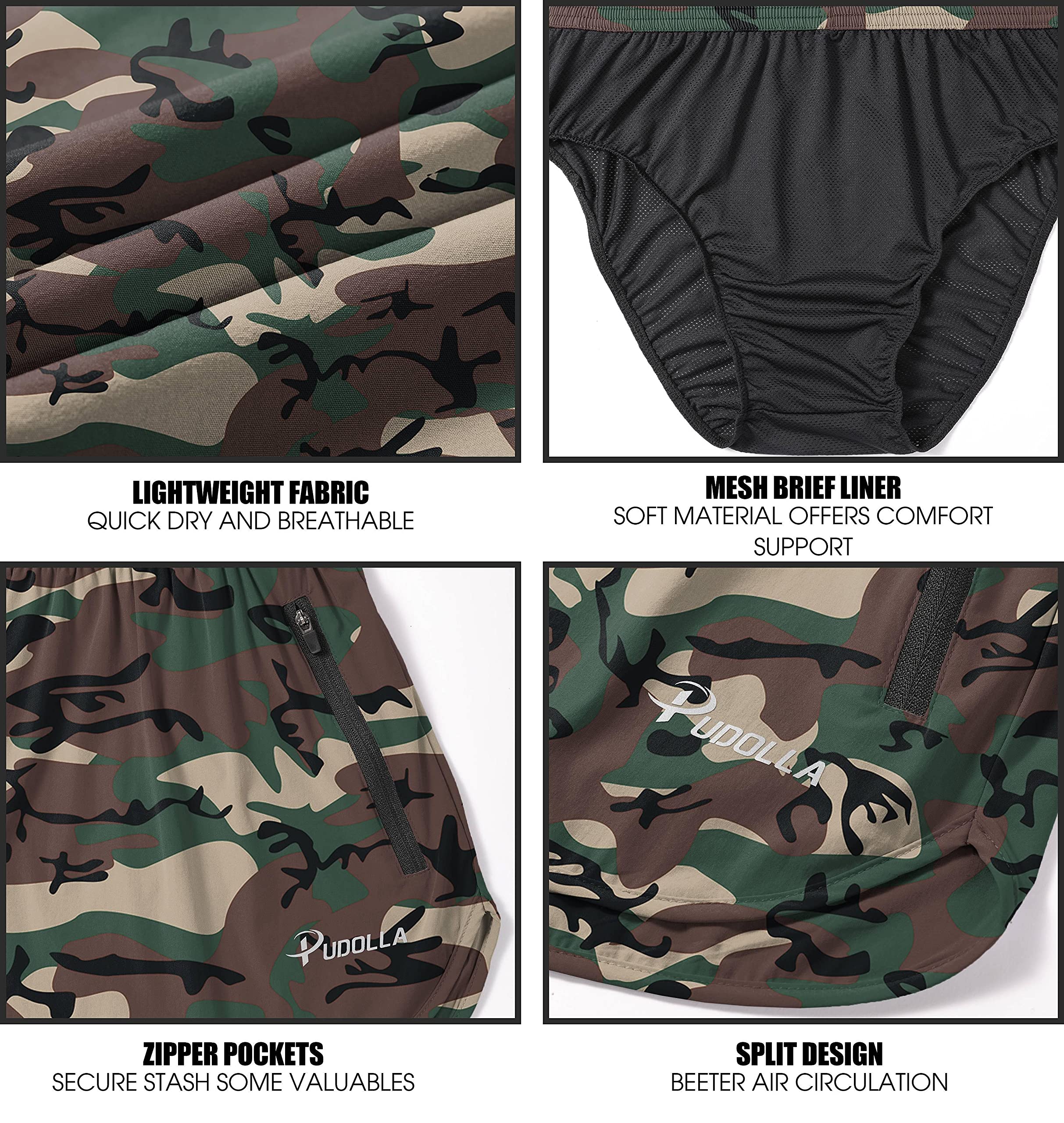 Pudolla Men’s Running Shorts 3 Inch Quick Dry Gym Athletic Workout Shorts for Men with Zipper Pockets(Camo Green Medium)