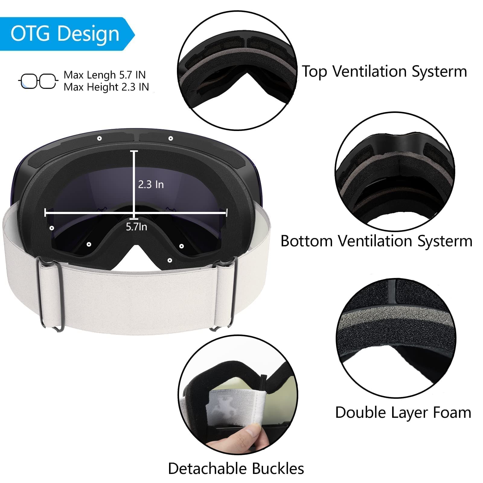 Ski Goggles for Men Women - OTG Snowboard Goggles with Framless Anti-Fog Spherical Lens
