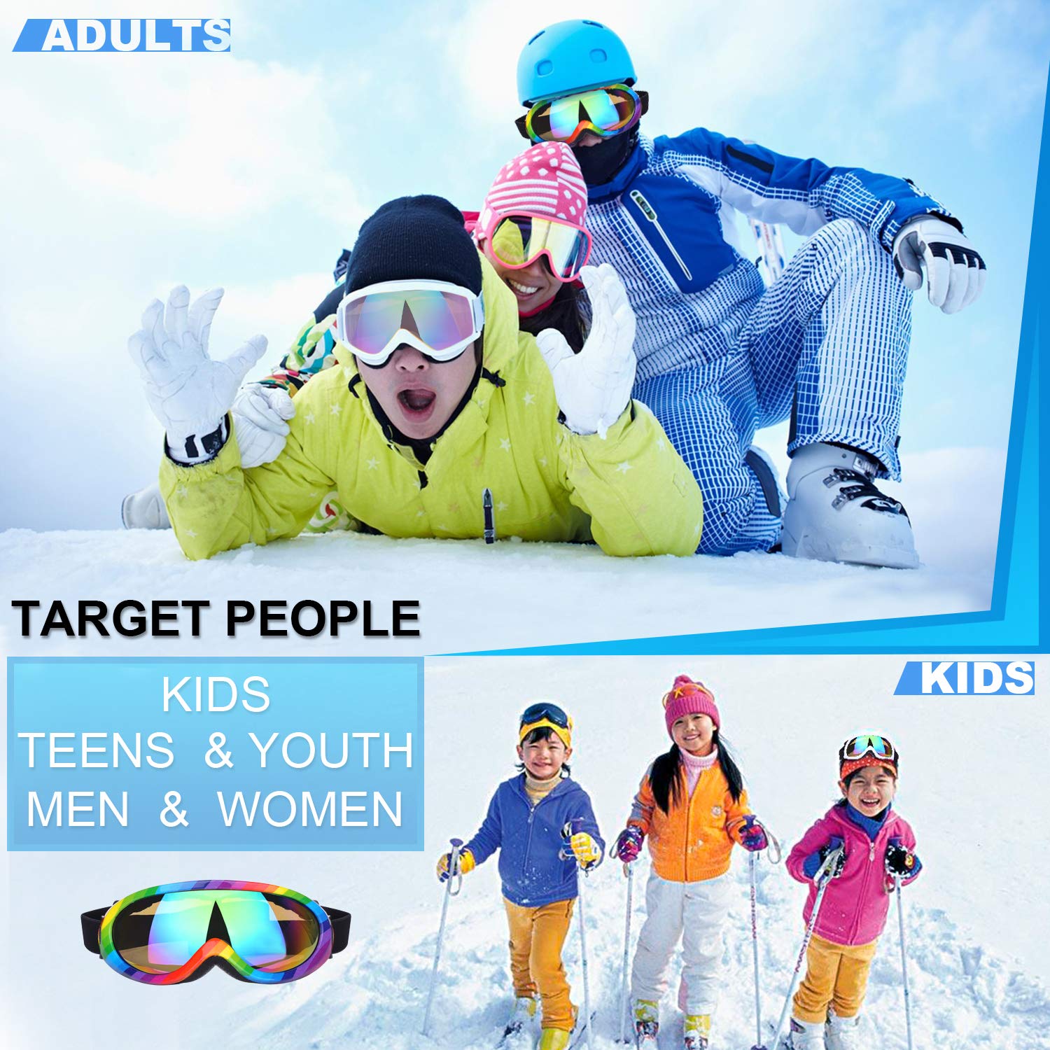 Ski Goggles, Pack of 2, Snowboard Goggles for Kids, Boys & Girls, Youth, Men