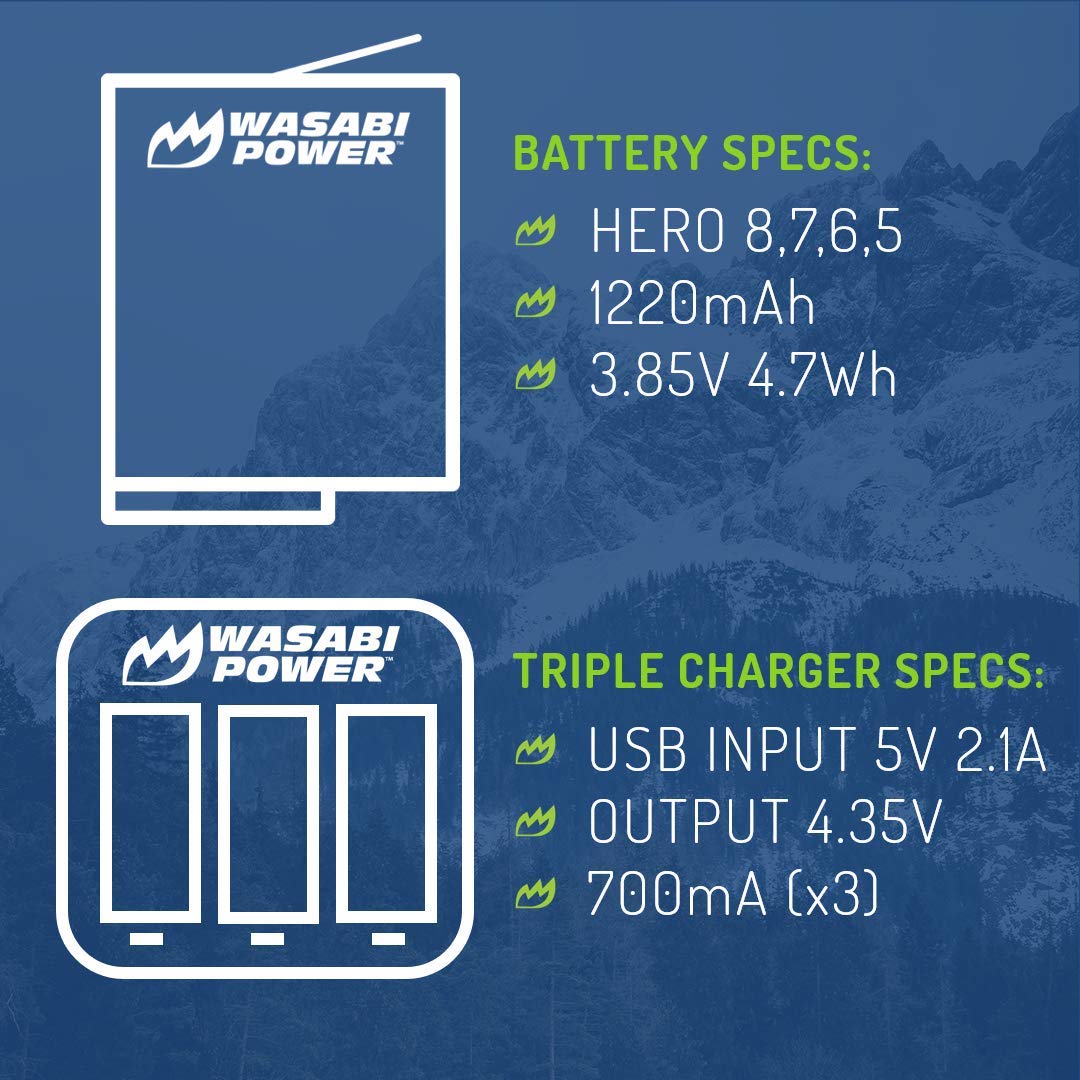 Wasabi Power Battery (4-Pack) and Triple Charger for GoPro Hero 8 Black (All Features Available), Hero 7 Black, Hero 6 Black, Hero 5 Black, Hero 2018