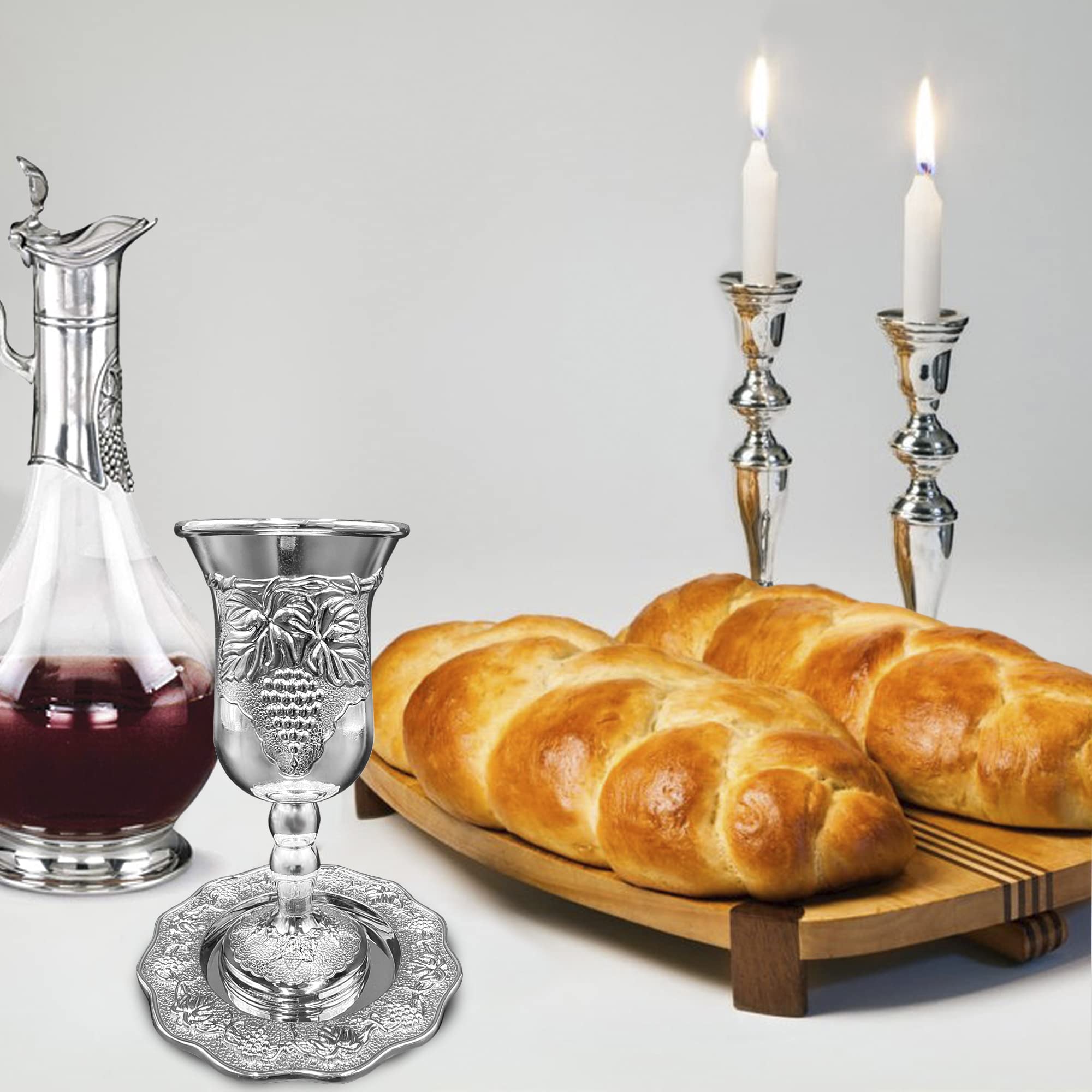 TALISMAN4U Silver Plated Kiddush Cup with Matching Tray Jewish Shabbat Cup on Base and Saucer Set Ornate Grape Design Judaica Gift