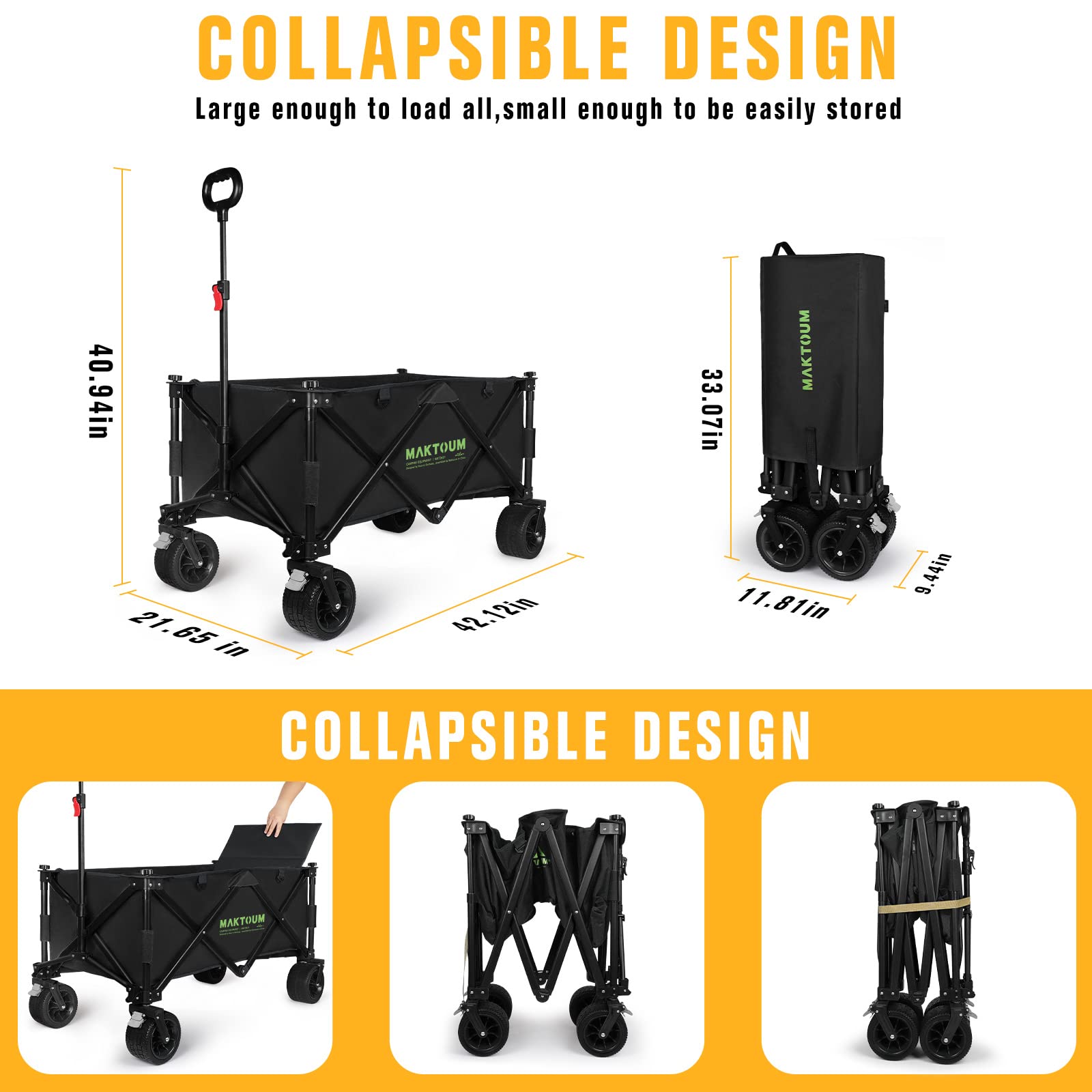 Pioneeryao Collapsible Wagon Cart Heavy Duty Outdoor Folding Utility Wagon Beach Wagon with Big Wheels for Camping Beach Garden