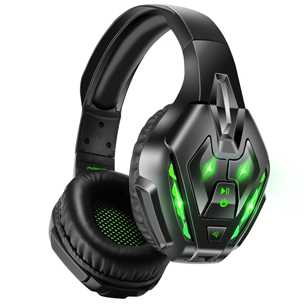 PHOINIKAS PS5 Gaming Headset for PS4, PC, Switch, Q10 Xbox One Headset with Stereo Sound, Detachable Mic, Wireless Bluetooth 5.3 Headphone only for Laptop/Phone/Tablet, 20H Battery (Green)