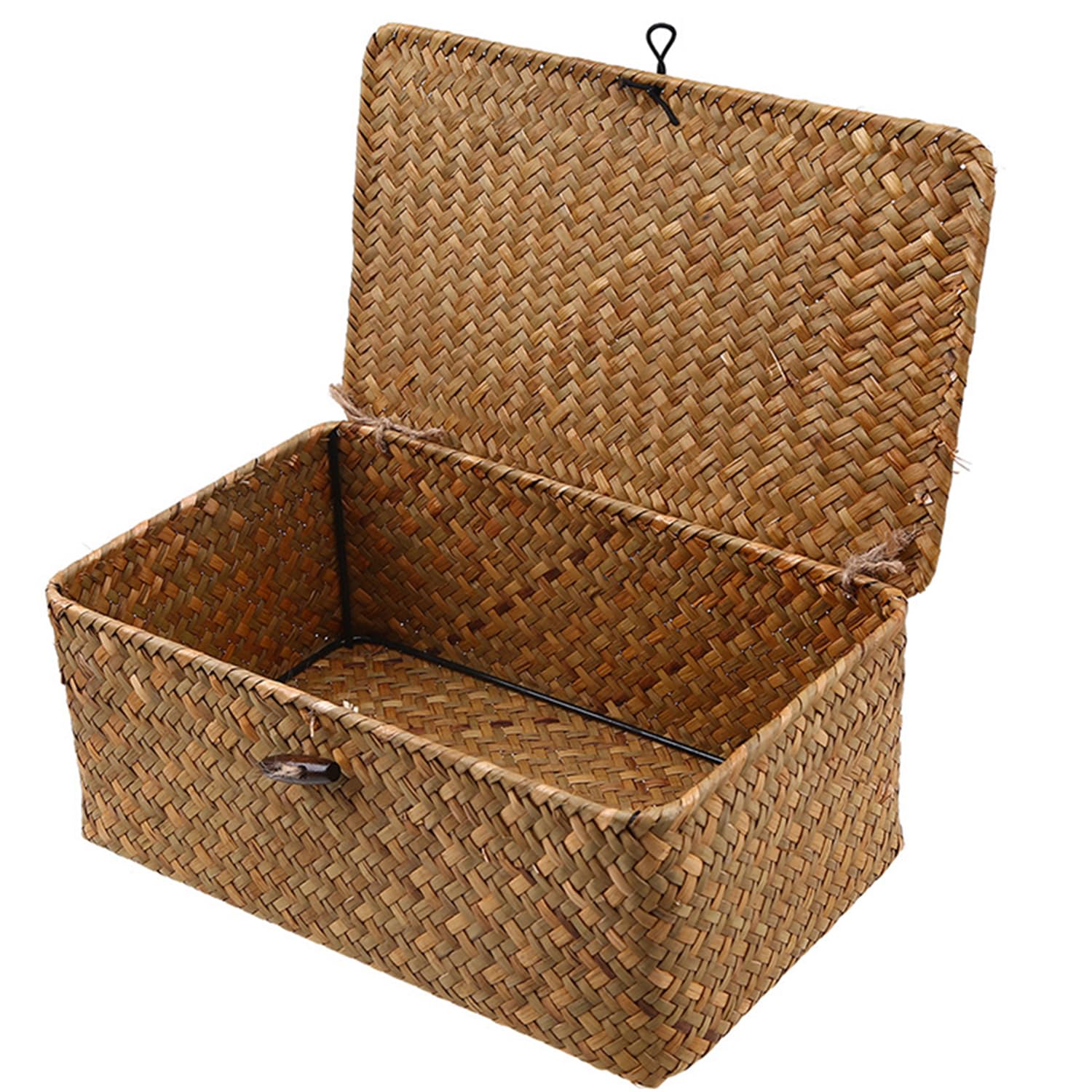 Shelf Baskets Rattan Storage Basket with Lid Handwoven Seagrass Basket Multipurpose Organizer for Snack Toys Rectangular Household Basket for Shelf Wardrobe 23x13x8cm