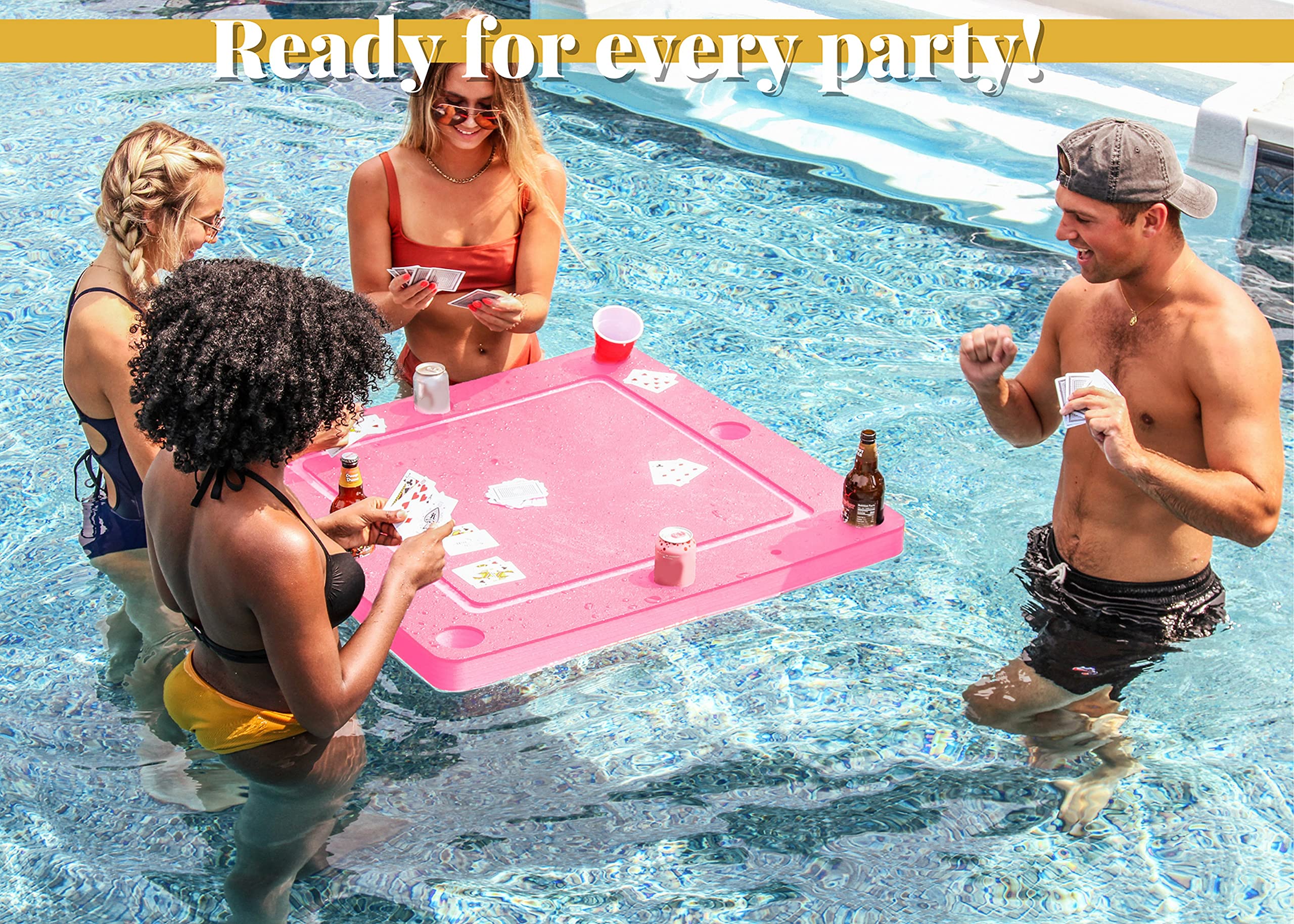 Polar Whale Floating Pink Game or Card Table Tray for Pool or Beach Party Float Lounge Durable Foam Large 36 Inch Drink Holders with Waterproof Playing Cards Deck UV Resistant