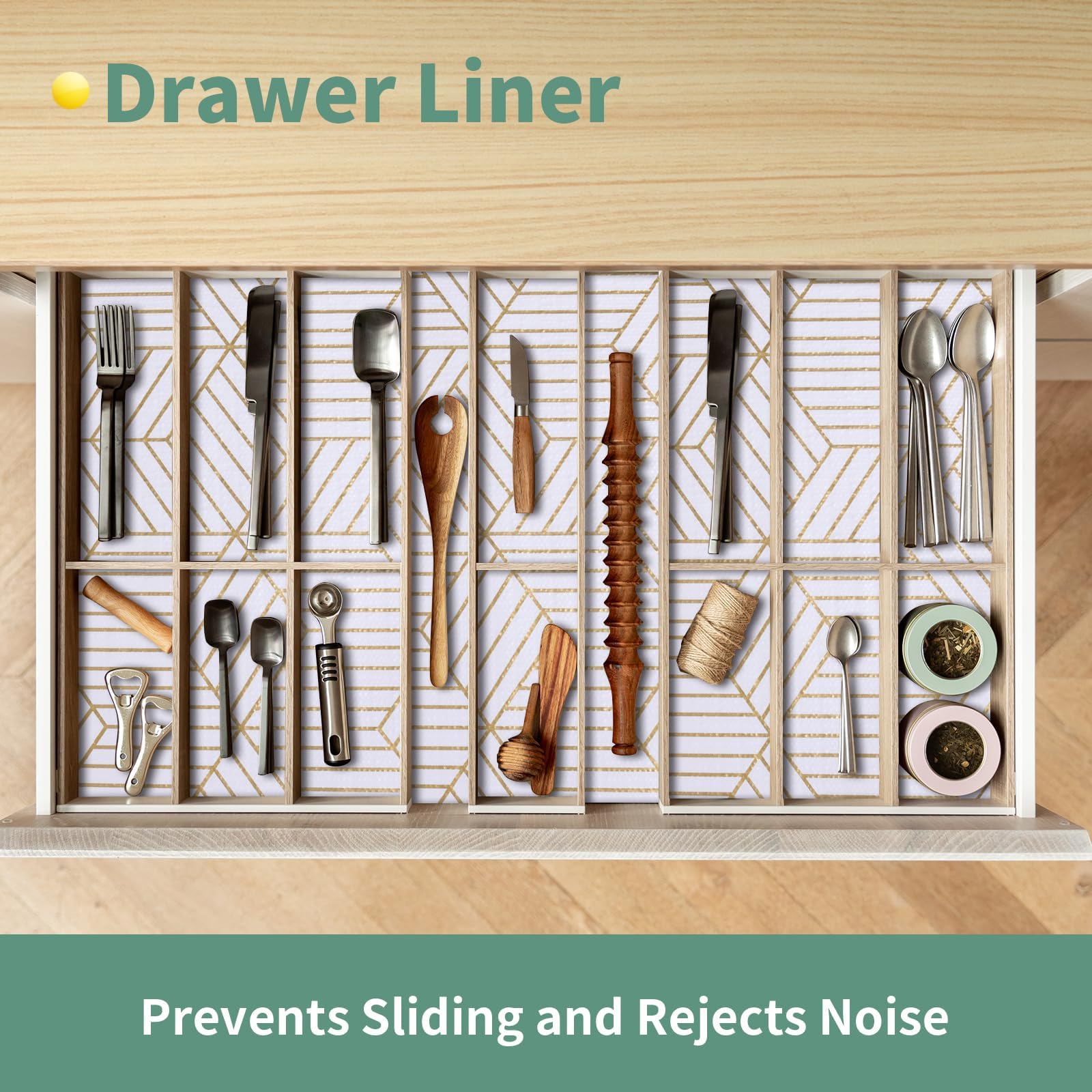 Shelf Liners for Kitchen Cabinets 12in x 20FT, Non Adhesive Cabinet Liner Strong Non-Slip Thickened Gold Geometric Drawer Liner, Easy to Clean for Shelf, Cabinet with Knife and Tape Measure