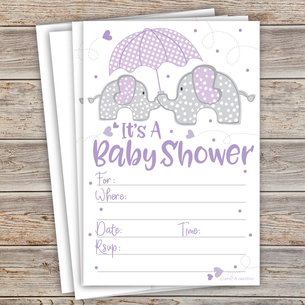 Purple Elephant Girl Baby Shower Invitations (20 Count) with Envelopes