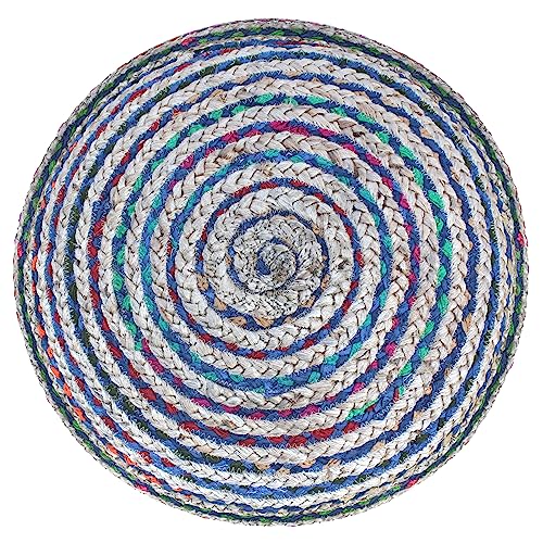 SIMPLIHOME Margo 20 Inch Wide Boho Round Pouf in Blue Braided Jute, for The Living Room, Bedroom and Kids Room