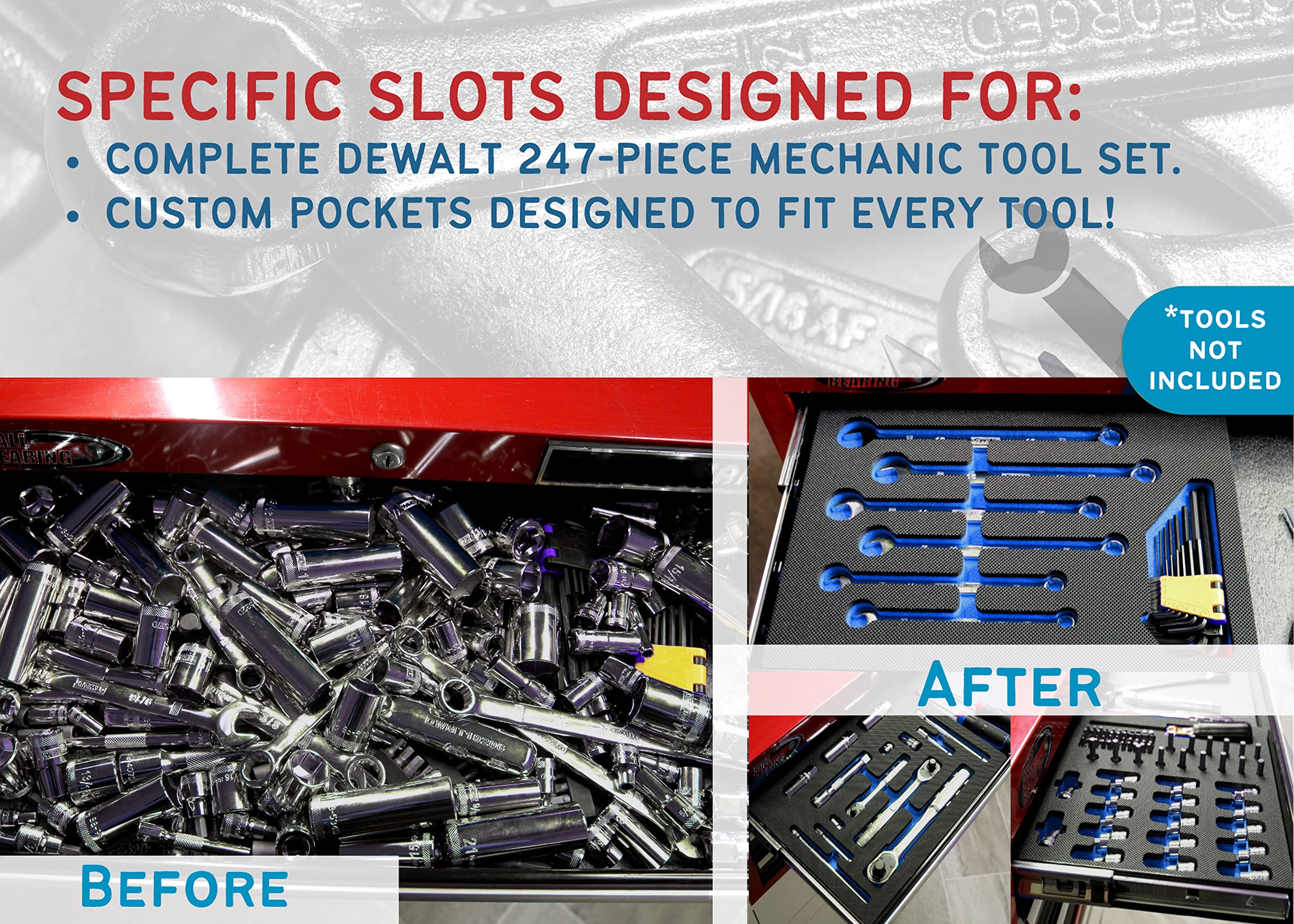 Polar Whale Tool Drawer Organizer Inserts Fits DEWALT 247 Piece Mechanics Set Blue and Black Durable Foam Trays Holds Many Tools and Accessories ONLY For DWMT81535 Fits Most Cabinet and Chest Drawers