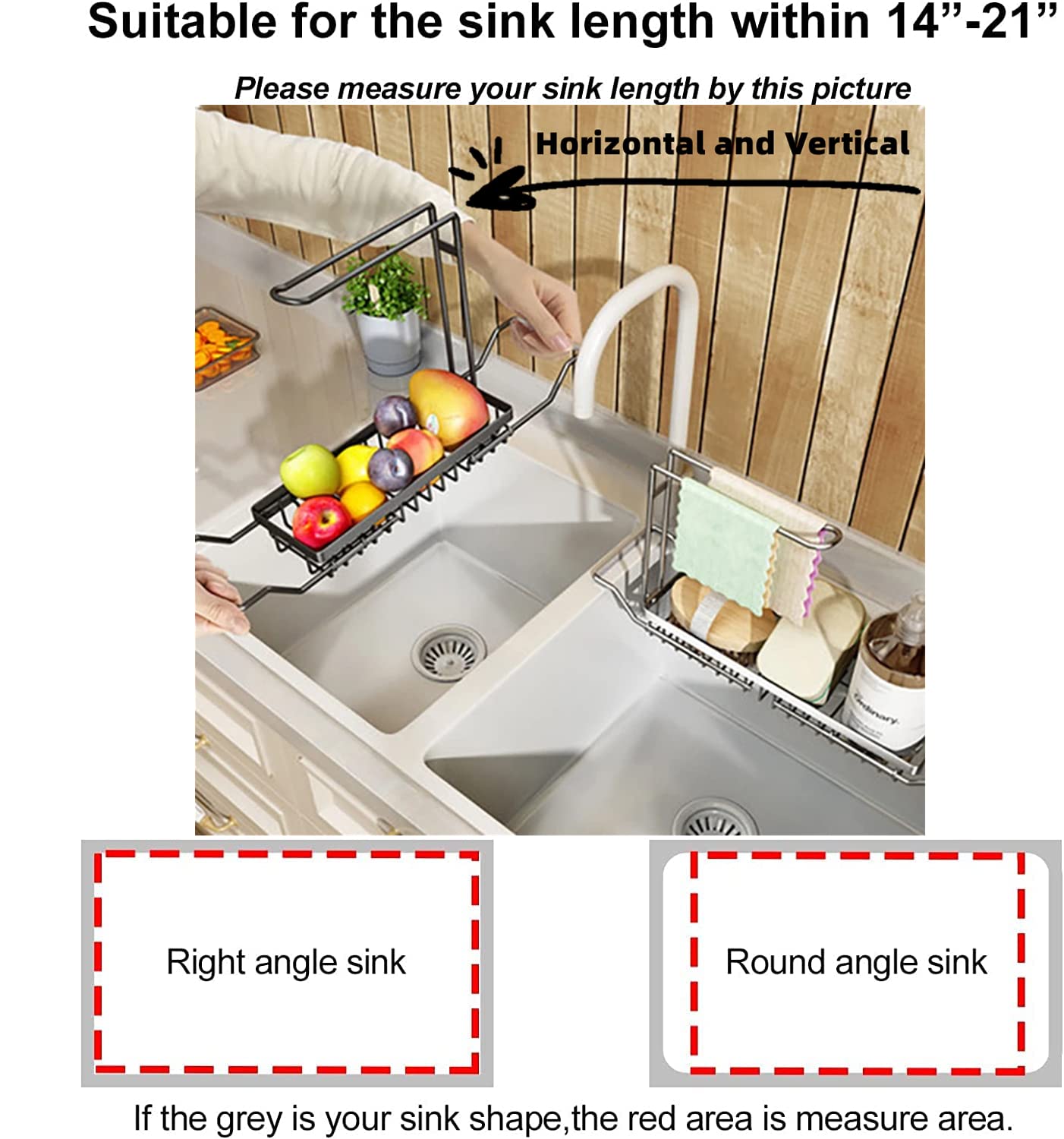 Telescopic Sink Storage Rack, Expandable Sponge Holder for Kitchen Sink, Sink Caddy Organizer with Dishcloth Towel Holder,Over Sink Telescopic Sink Rack Sponge Brush Soap Holder for Home Kitchen