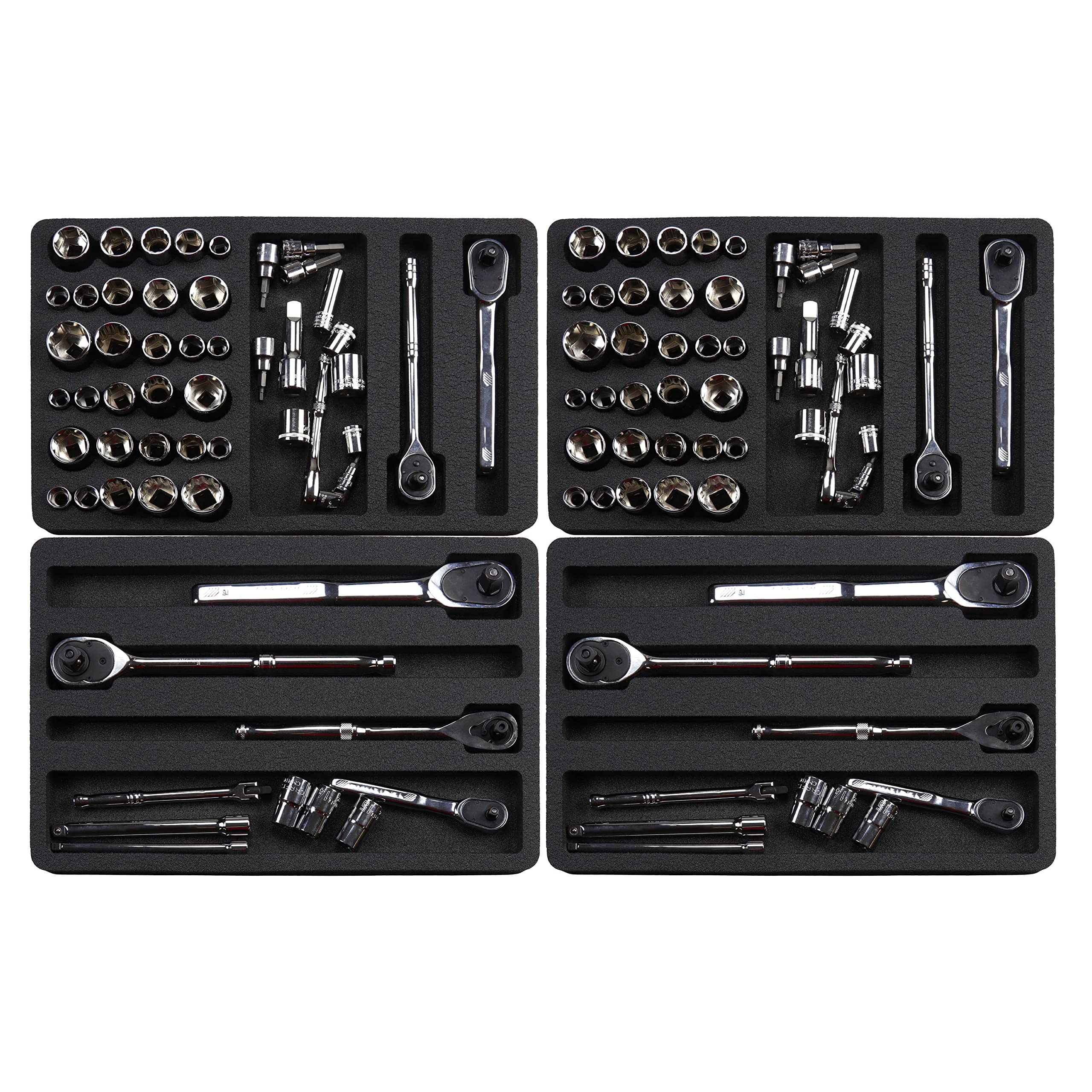 Polar Whale Tool Drawer Organizer 4-Piece Ratchet and Socket Insert Set Black Durable Foam Holds Many Tools 15 x 10 Inch Trays Fits Craftsman Husky Kobalt Milwaukee Many Others