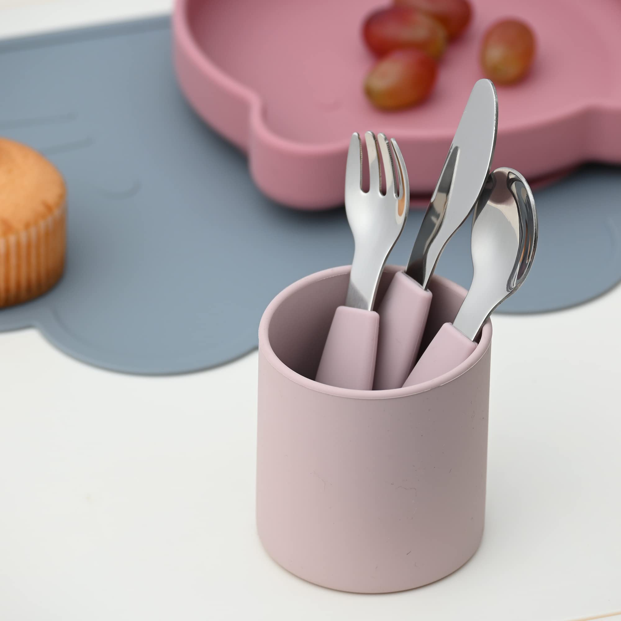 Toddler Fork and Spoon Set, Baby Fork and Spoon Knife Set, Toddler Baby Utensils Set, Stainless Steel Toddler Utensils (Pale Mauve)