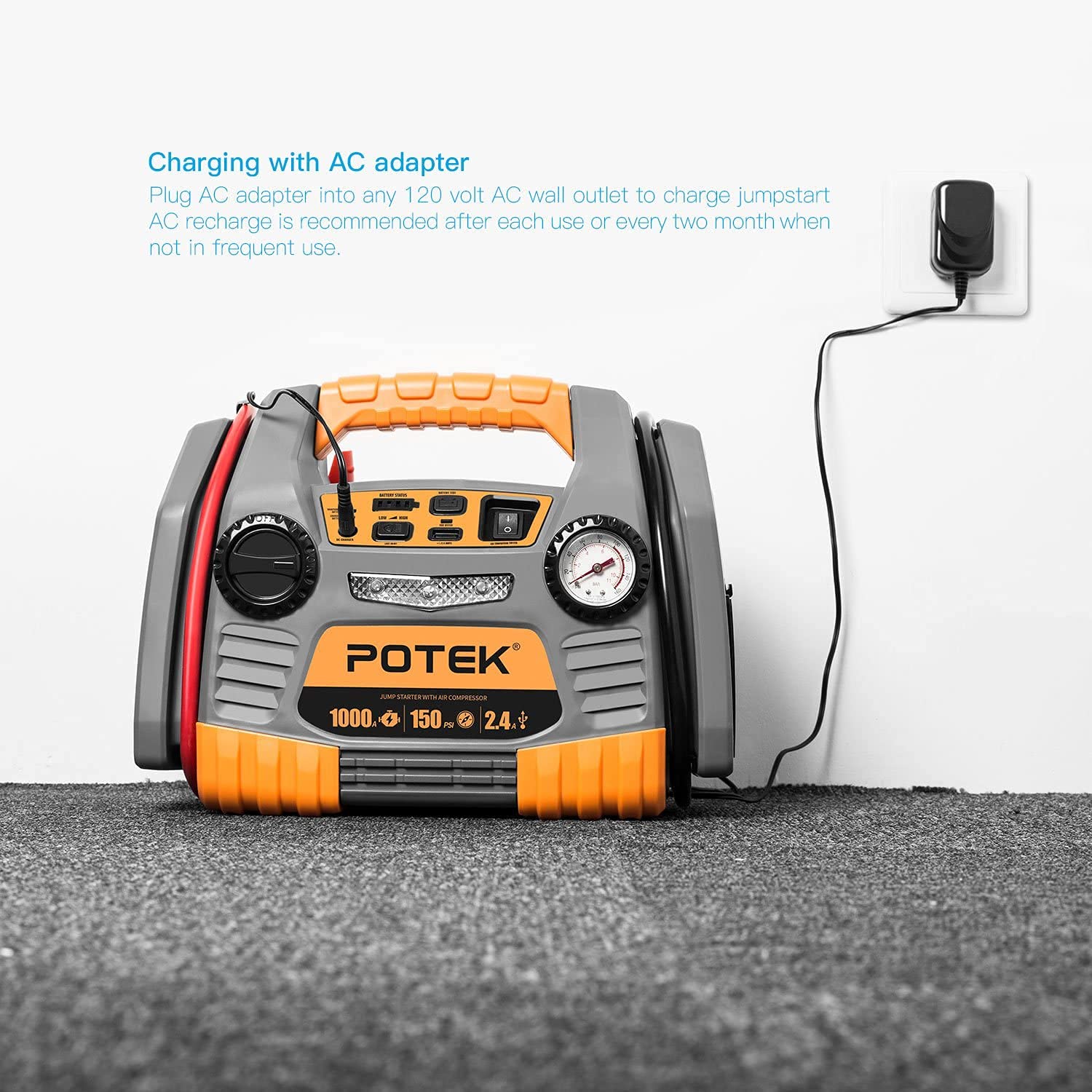 POTEK Jump Starter Source with 150 PSI Tire Inflator/Air Compressor,900 Peak Amps Power Station with 2.4A USB Port