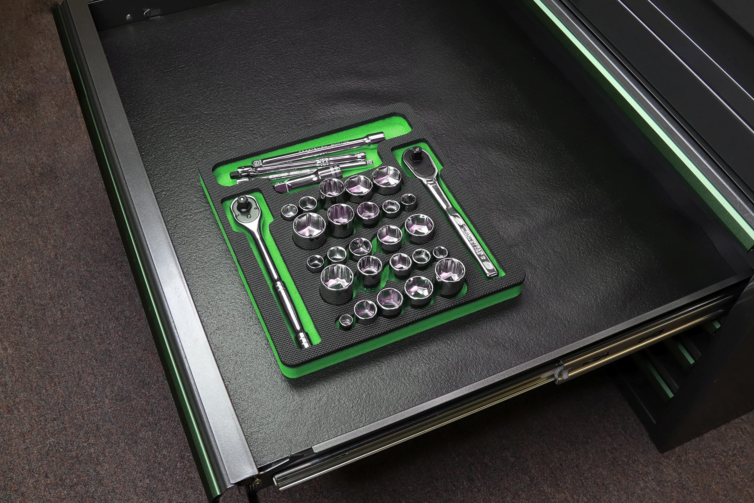 Polar Whale Tool Drawer Organizer Socket Holder Insert Green and Black Durable Foam Strong Tray Holds 25 Sockets and More Fits Craftsman Husky Kobalt Milwaukee and Many Others