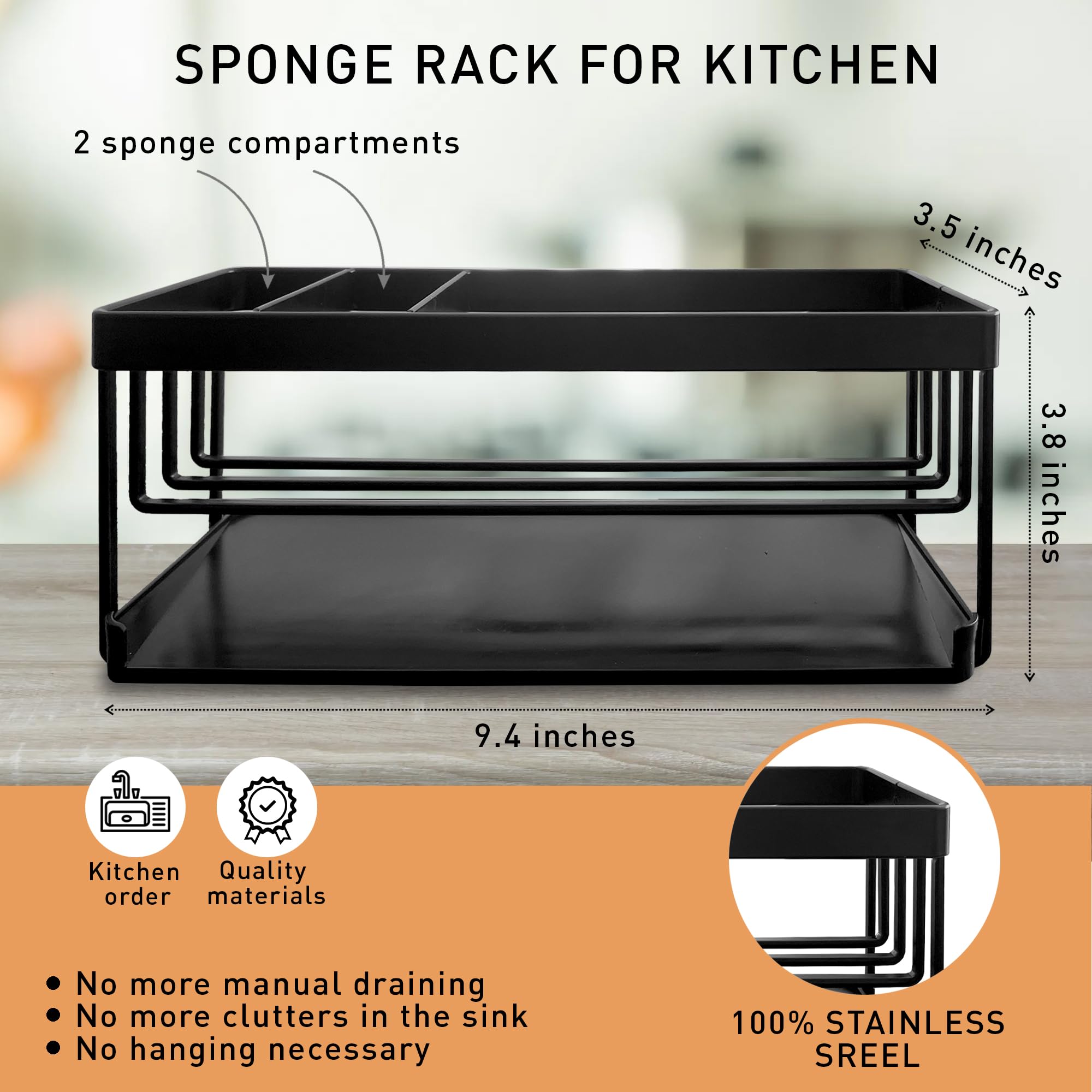 Sink Caddy Organizer with Steel Wool Brush Included, Sponge Organizer for Kitchen Sink, Dish Soap and Sponge Holder for Kitchen Sink, Kitchen Sponge Organizer with Auto Drain Train