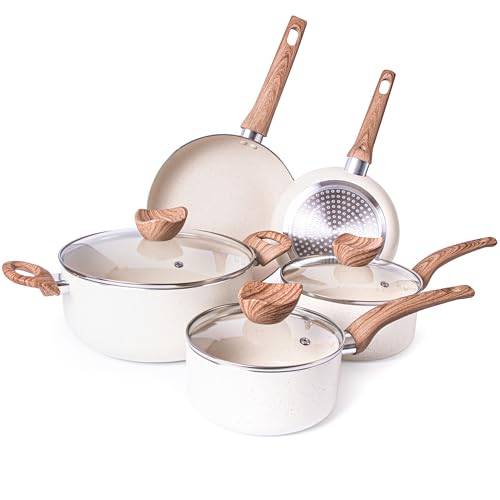Pots and Pans Set Non Stick – Induction Hob Pot Set with Lids– 8pcs Kitchen Cookware Sets – Cooking Cream Granite Saucepan Pots and Frying Pans – by Nuovva