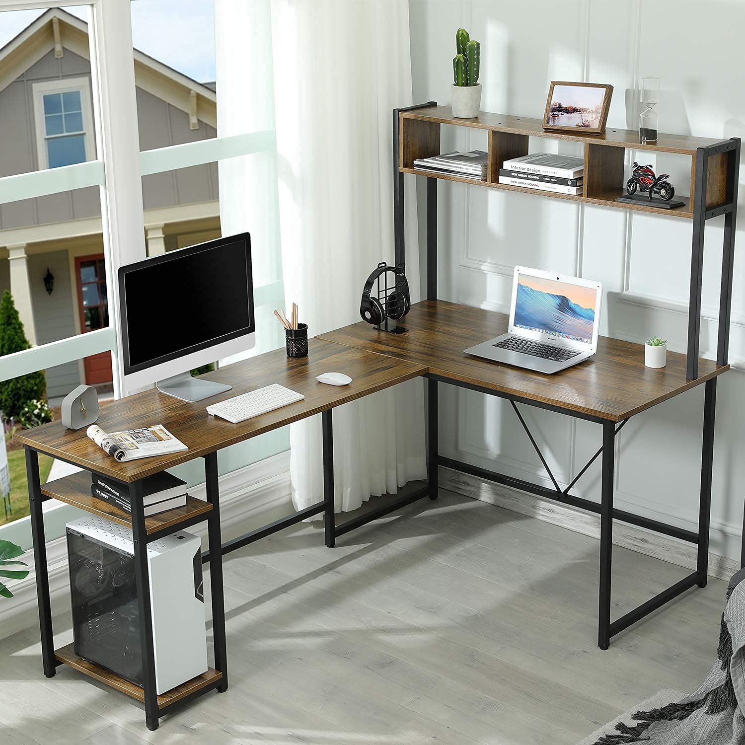 SEDETA L Shaped Desk, Reversible 94.5” Office Computer Desk, Computer Desk with Led Lights, Keyboard Tray and Storage Shelves for Home Office, Rustic Brown