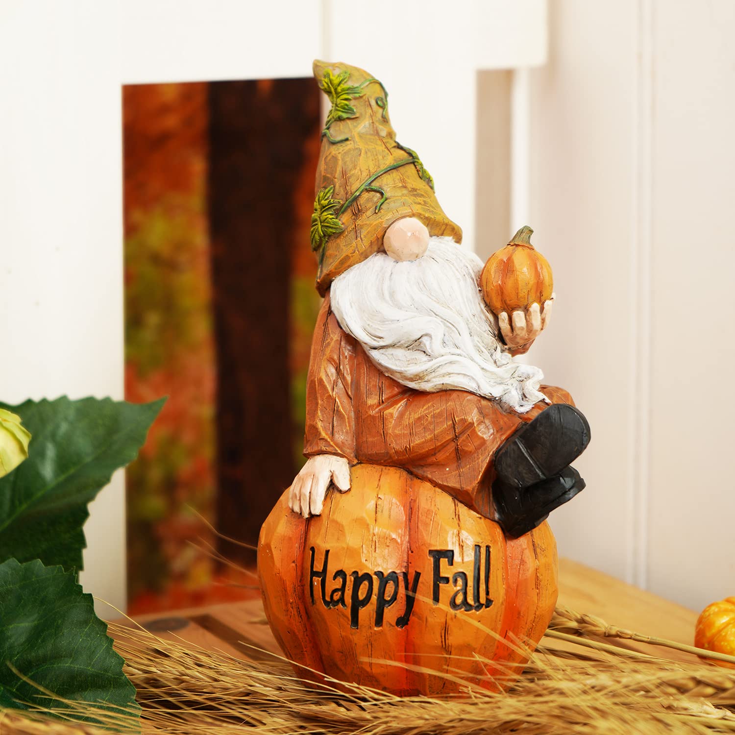 Topadorn Fall Garden Gnome Figurine Sitting on Pumpkin Statue Autumn Harvest Garden Gnomes Statue Figurine for Patio Yard Lawn Porch Decoration,Happy Fall