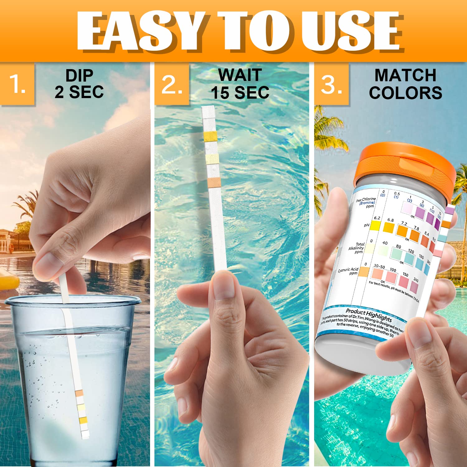 Pool and Hot Tub Test Strips - Medical-Grade Precision 3-1 4-1 7-1 Pool Test Kit - Testing pH, Free Chlorine(Bromine), Total Alkalinity & Cyanuric Acid and So on - Pool Water Test Kit