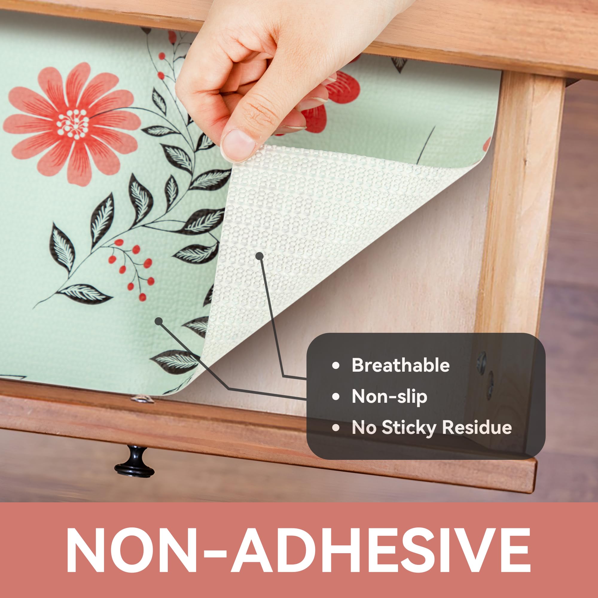 RAY STAR Shelf Liner, 12 Inch x 10 Feet Non Adhesive White Daisy Red Floral Cabinet Liner for Pantry Drawer Vanity, Strong Grip Non Slip Waterproof, Shelf Liners for Kitchen Cabinets