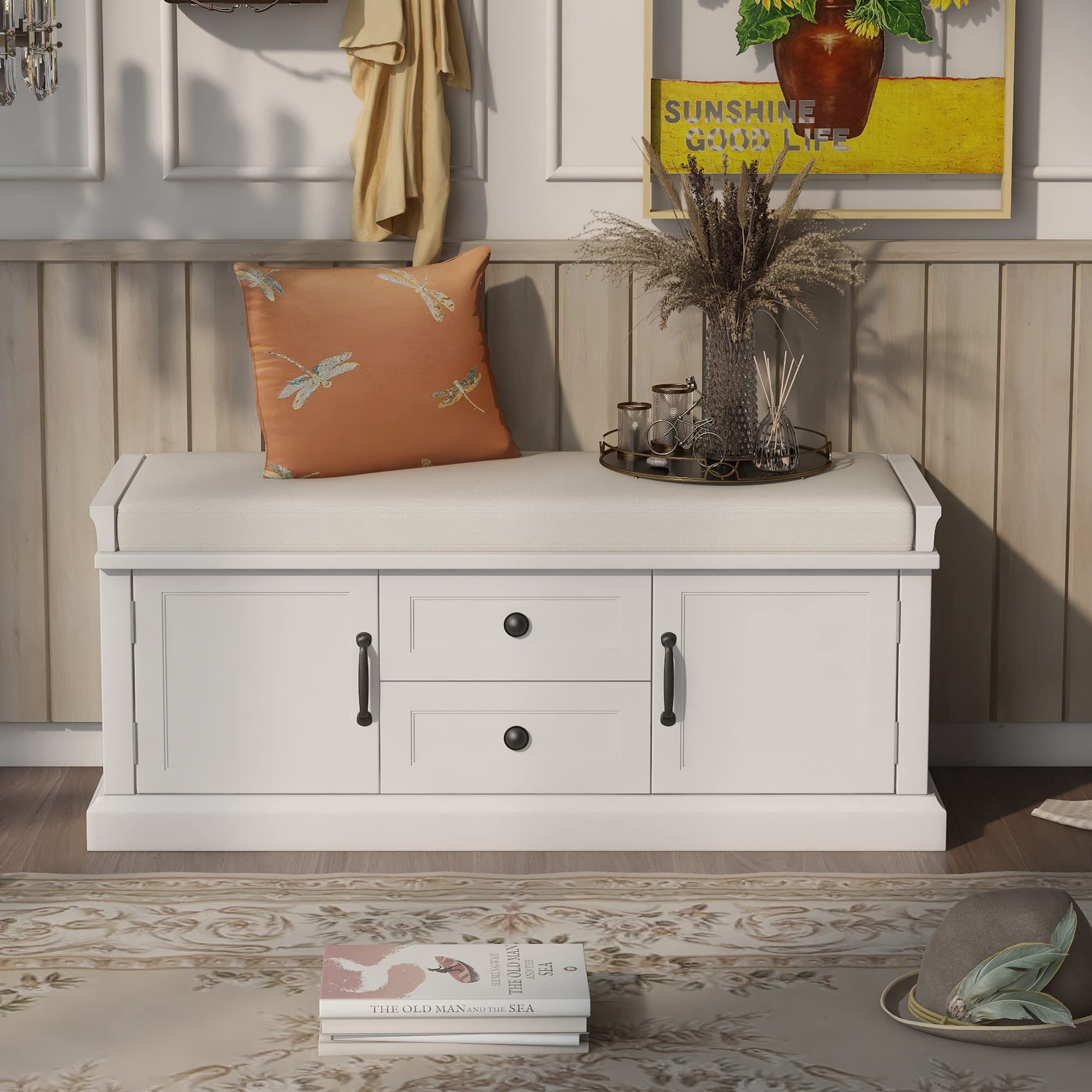 Shoe Bench Entryway with Storage, Entryway Bench with Removable Cushion, Solid Wood Storage Bench with 2 Drawers and 2 Cabinets for Living Room, Hallway, Closet, 42.5"L x 15.9"W x 17.5"H,White