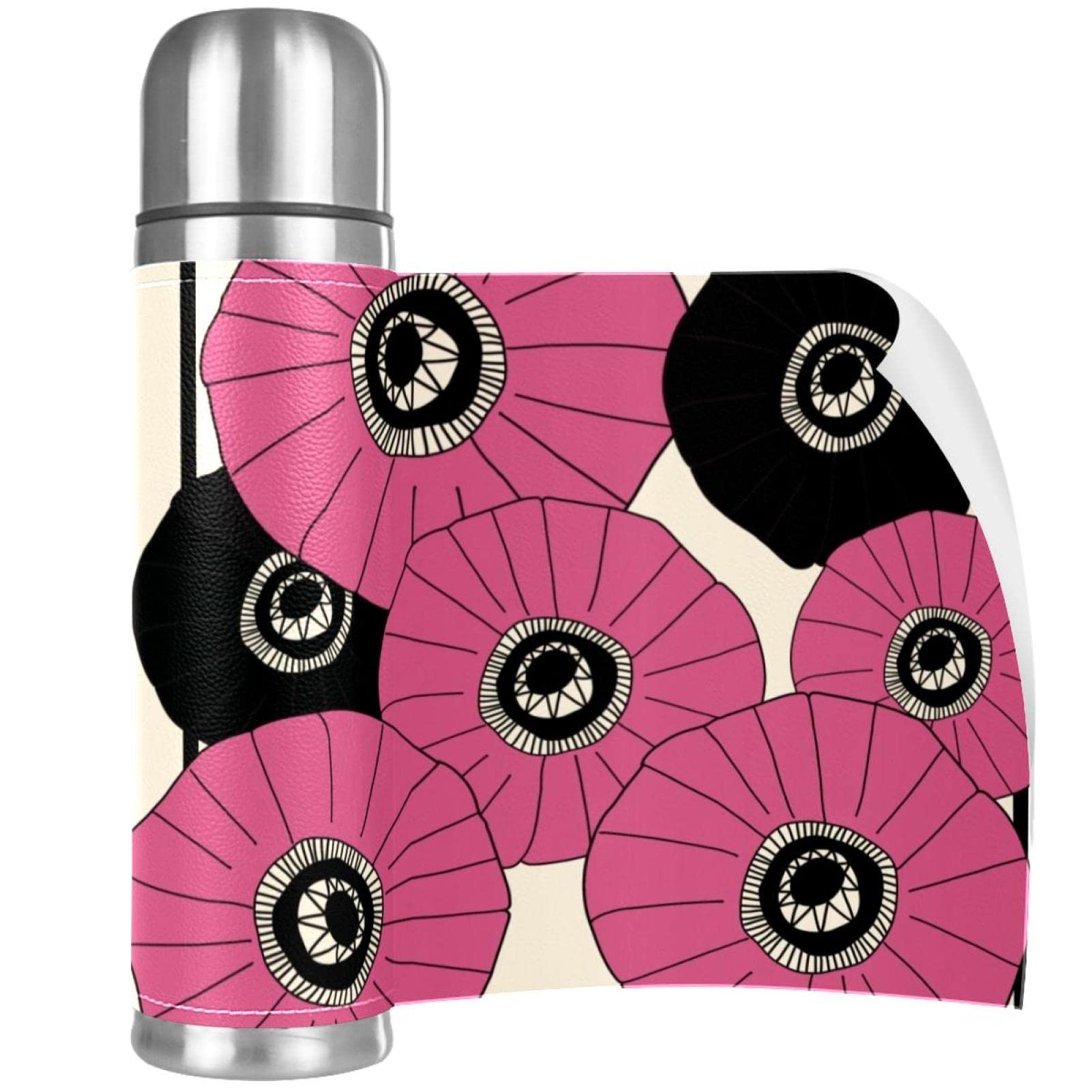 Stainless Steel Leather Vacuum Insulated Mug Flowers Thermos Water Bottle for Hot and Cold Drinks Kids Adults 16 Oz