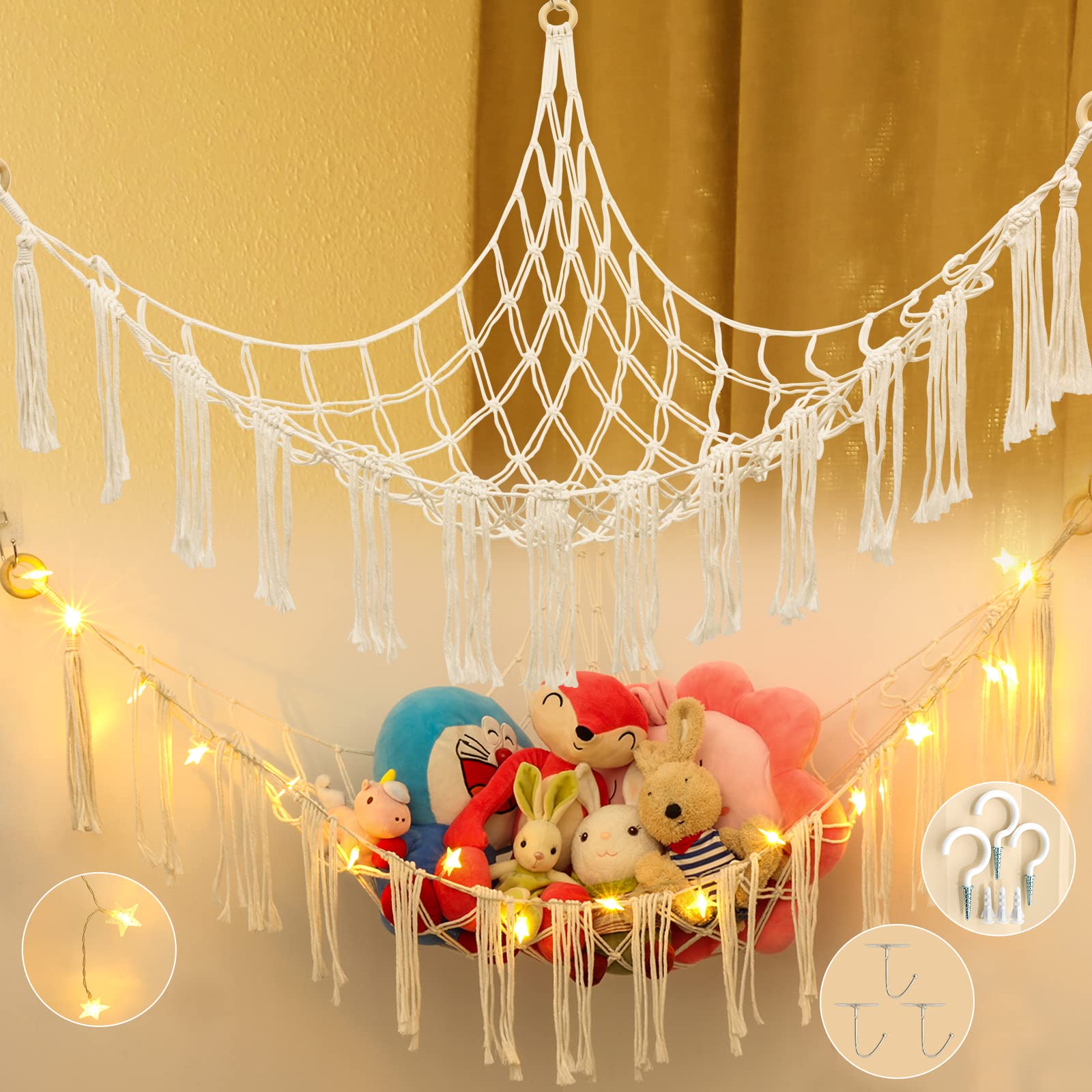 Stuffed Animal Hammock with LED Light, PChero Boho Macrame Stuff Animals Hanging Net Holder with Hooks, Plush Toy Storage Organizer for Kids Room Bedroom Nursery Playroom Wall Corner Décor