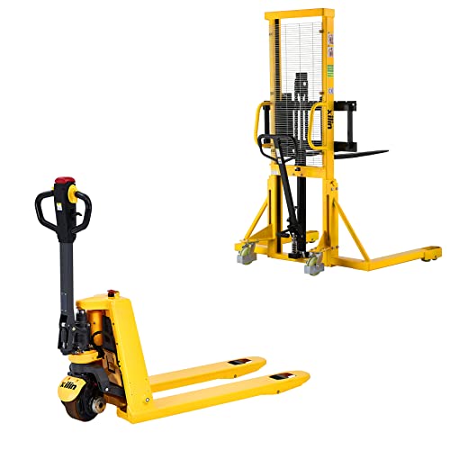 Xilin Manual Pallet Stacker 2200lbs Capacity 63" Lift Height with Straddle Legs and Electric Powered Pallet Jack 3300lbs Capacity Lithium Battery Mini Type Walkie Pallet Truck 48"x27" Fork Size