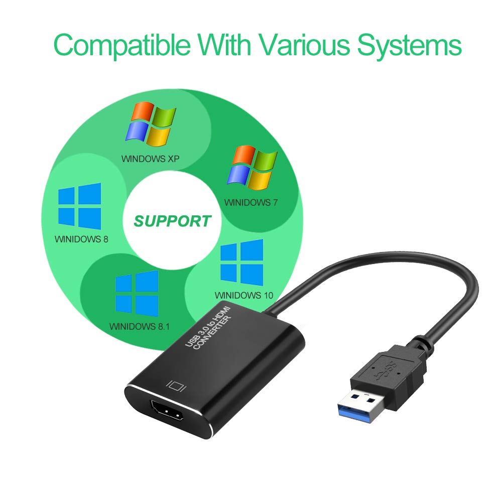 RayCue USB to HDMI Adapter, 1080P HD Audio Video Cable Converter, USB 3.0/2.0 to HDMI for Multiple Monitors, Compatible with Windows XP/10/8.1/8/7 (Not Support Mac, Linux, Vista, Chrome)