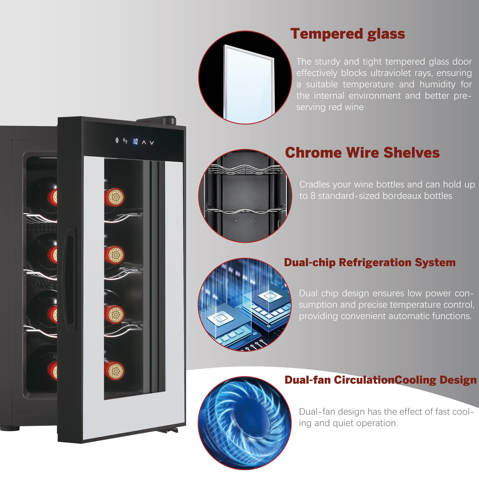 Vaykold 8 Bottle Wine Fridge, Small Wine Cooler for Red White, Wine Refrigerator with Dual-Pane Gray Glass Door, Quiet Steady Thermoelectric Operation, 41-64F, Designed for Party, Basement, Bar, Gift