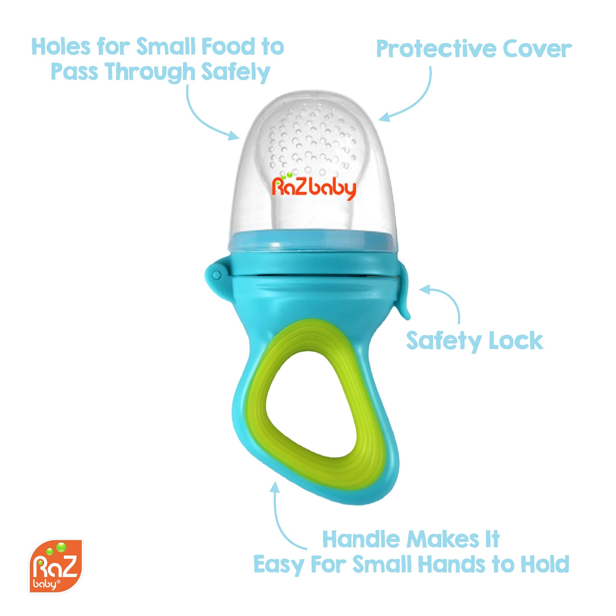 RaZbaby Baby Solids/Frozen Fruit Feeder Pacifier, Infant Teether Toy 6M+, BPA-Free Silicone Pouch & Nipple, Safely Introduce Solids, Natural Teething Relief, Dishwasher Safe, Freezable β Green/Blue