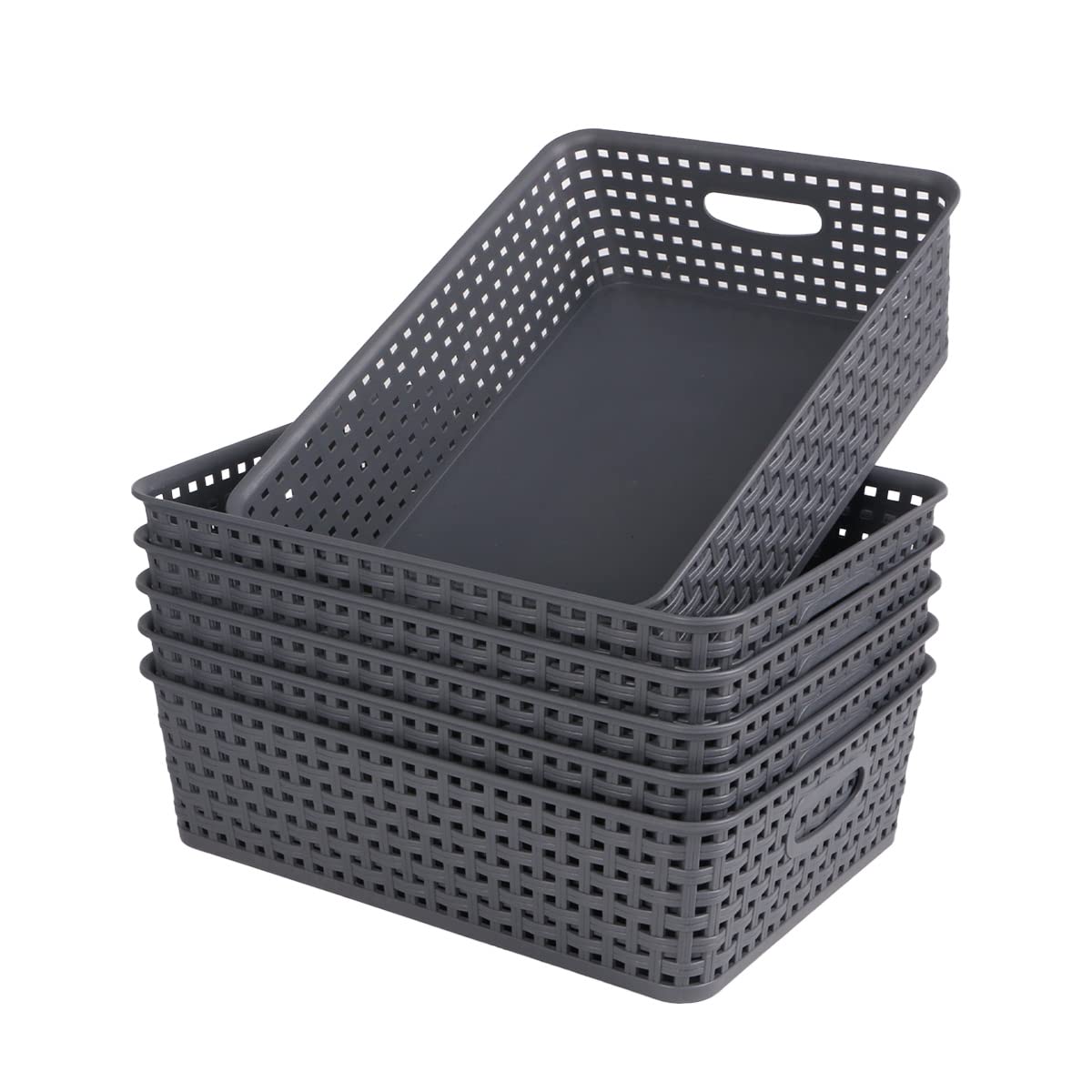 Tonxus Plastic Storage Baskets Set of 6 Durable Small Weave Pantry Organizer Bins Organization and Storage Shelves Baskets Organization for Kitchen,Craft Room Bookshelf and Office (Gray)
