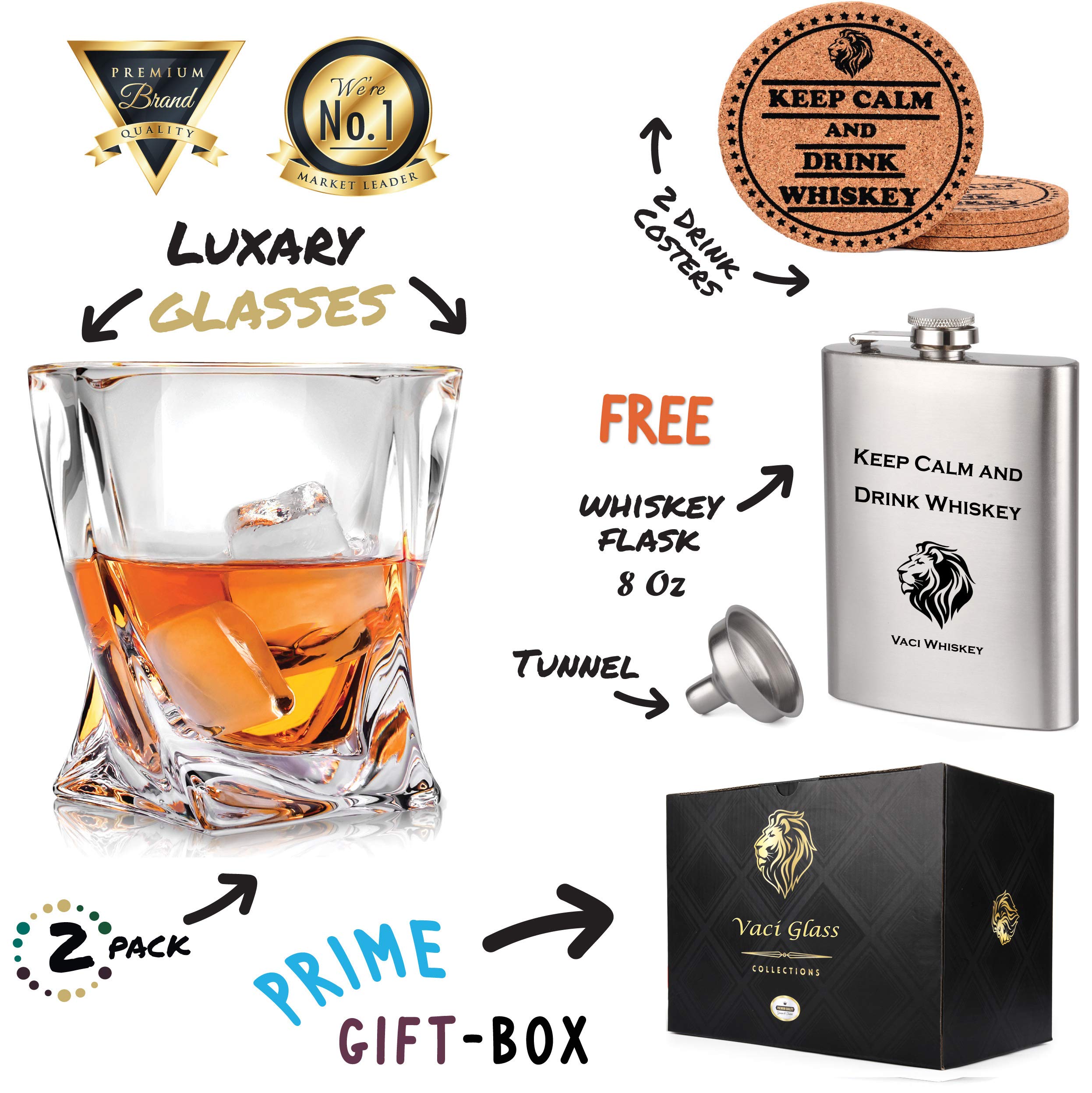 Vaci Crystal Whiskey Glasses – Set of 2 Bourbon Glasses, Tumblers for Drinking Scotch, Cognac, Irish Whisky, Large 10oz Premium Lead-Free with Stainless Steel Flasks, Cups, Luxury Gift Box