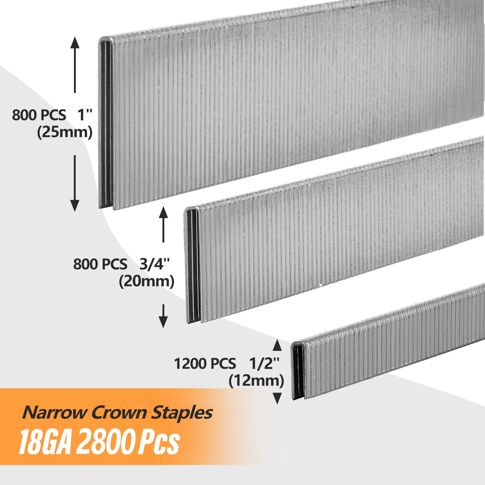 SITLDY 2800-Count 18 Gauge 1/4" Narrow Crown Staples 1/2"-1200, 3/4"-800, 1"-800, Heavy Duty Galvanized, Assorted Size Project Pack, for Pneumatic, Electric Stapler (Silver)