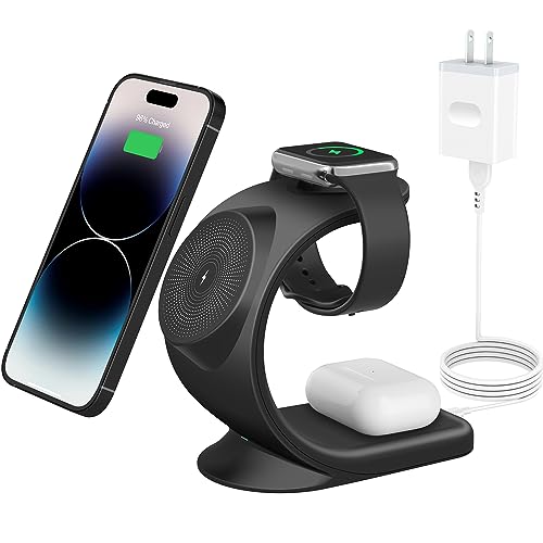 Veanpus Magsafe Charger Stand, Wireless 3 in 1 Charger with QC3.0 Adapter, Magnetic Wireless Charger Compatible with iPhone 15,14,13,12 Pro Max/Pro/Mini/Plus, iWatch se/8/7/6/5/4/3/2, AirPods(Black)