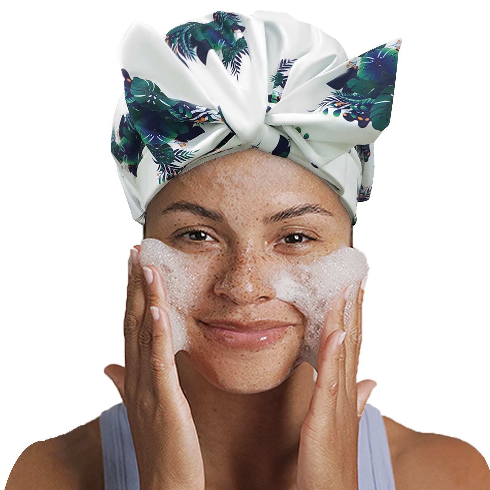 Shower Cap for Women,Reusable Waterproof Shower Caps with Adjustable Shape Forehead Knot Strap,Elasticized Hem Shower Hair Cap,Oversized for All Hair Lengths(Botanical Leaves Pattern Printed)