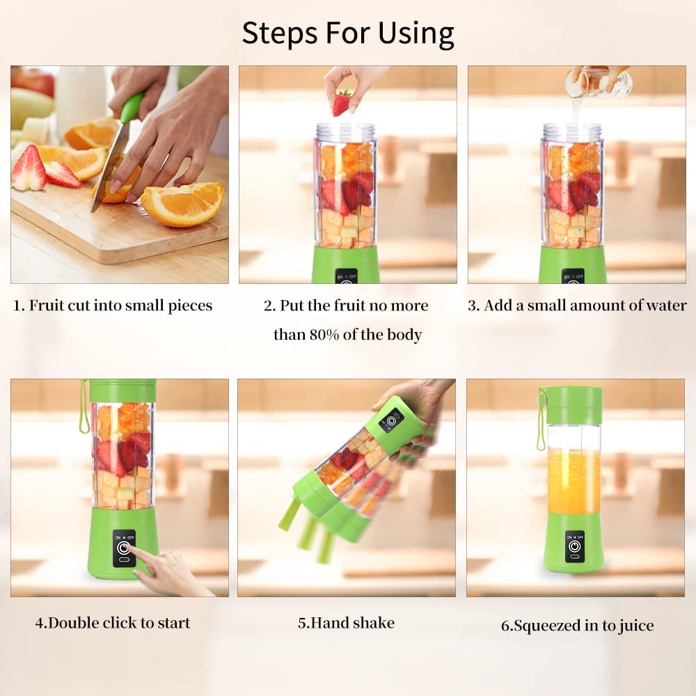 Portable Blender Mixer,Personal Juicer,Smoothies and Shakes Blender,HandCup Fruit Machine Blender 380 ML (Blue, Pink, Purple & Pink Color available) (Green)