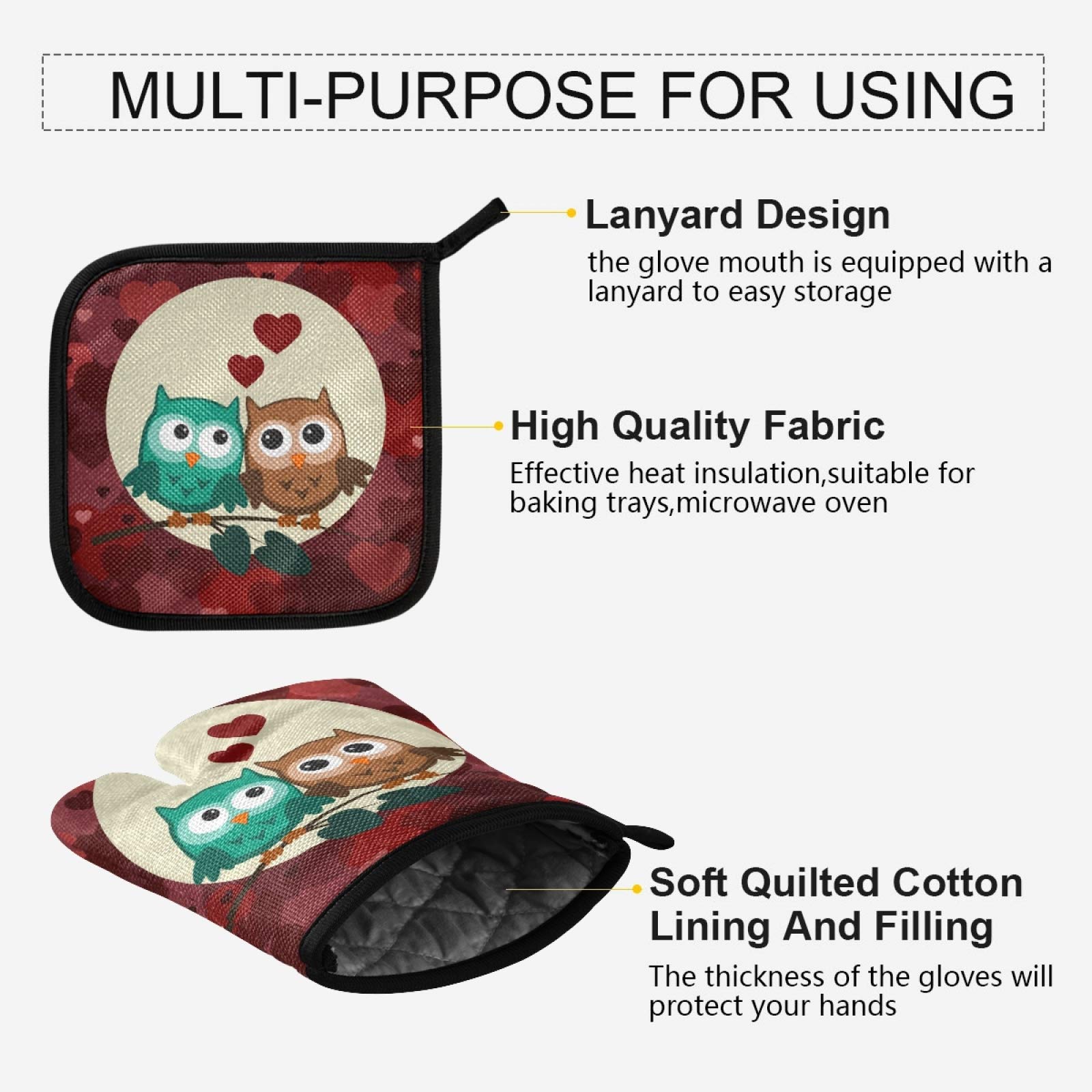 Valentines Day Owls Oven Mitts and Pot Holders Sets Red Mothers Day Heat Resistant Hot Pads Cooking Gloves Handling Kitchen Cookware Bakeware BBQ