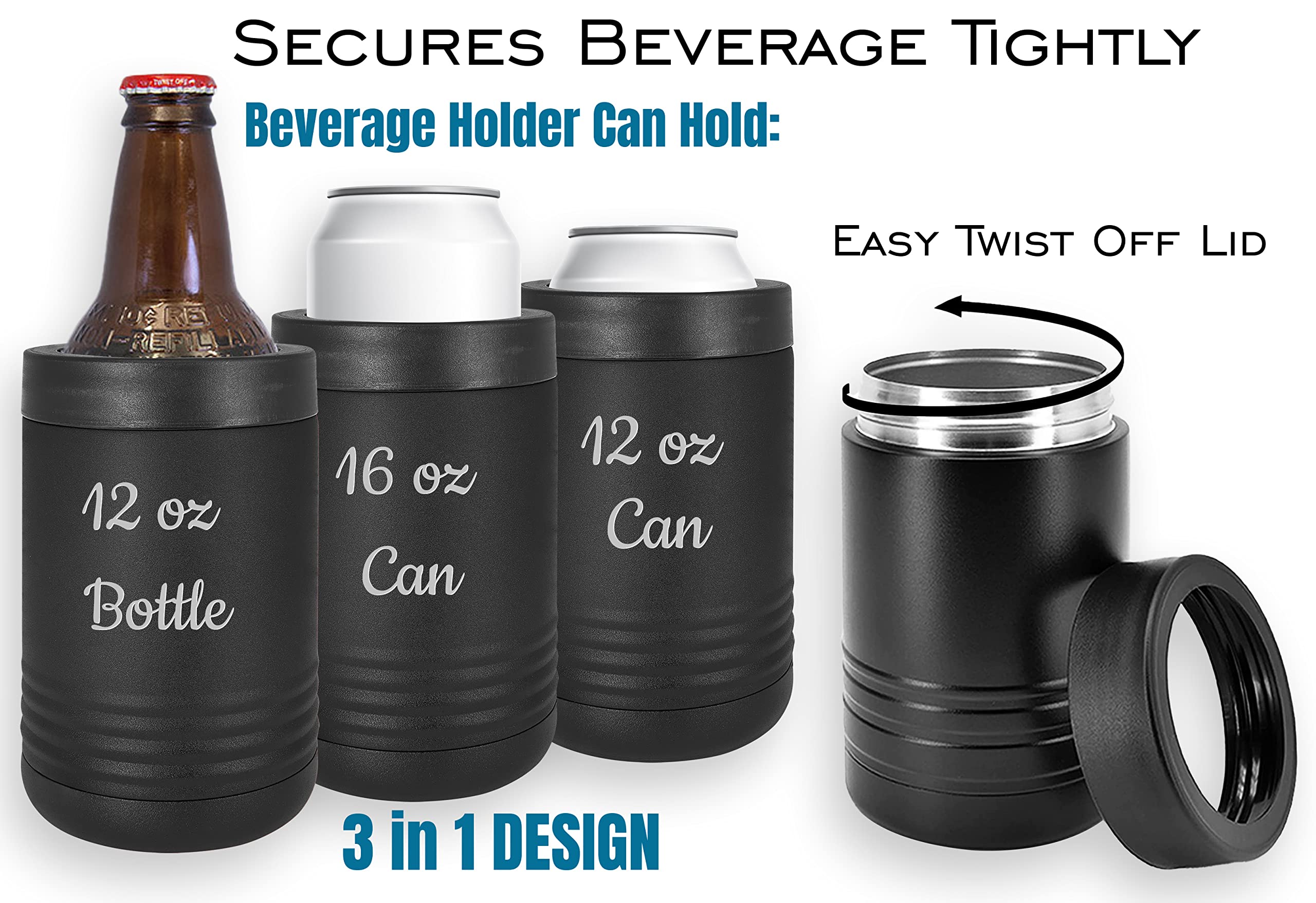 Stainless Steel 12 oz Double Wall Vacuum Insulated Can or Bottle Cooler Keeps Beverage Cold for Hours Beverage Holder Fits 16 oz Cans - Men Women Gift (Black)
