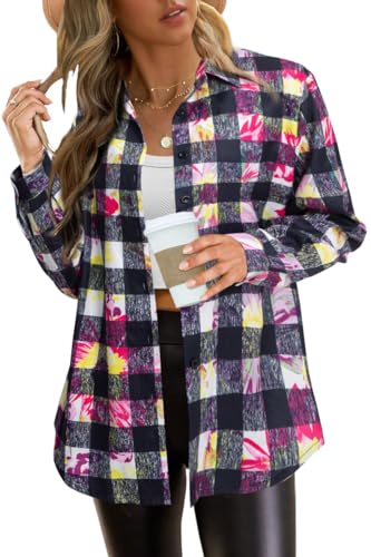 Plaid Jackets for Women Flannel Colorful Plaid Shirt Fall Button Down Blouses Patchwork Casual Long Sleeve Shirts