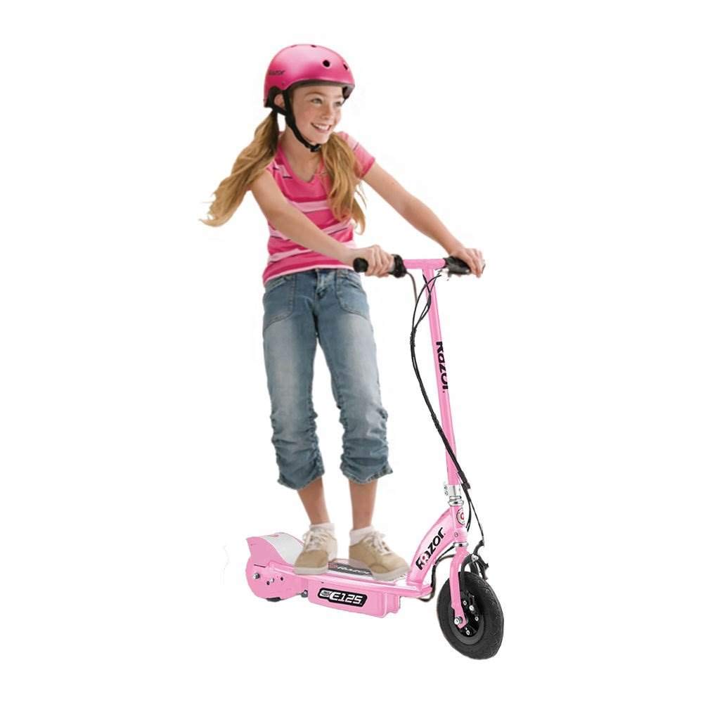 Razor E125 Motorized Rechargeable Electric Scooter with Acceleration Control, Front Brake, & Kickstand, Pink & V17 Youth Size Safety Helmet, Black