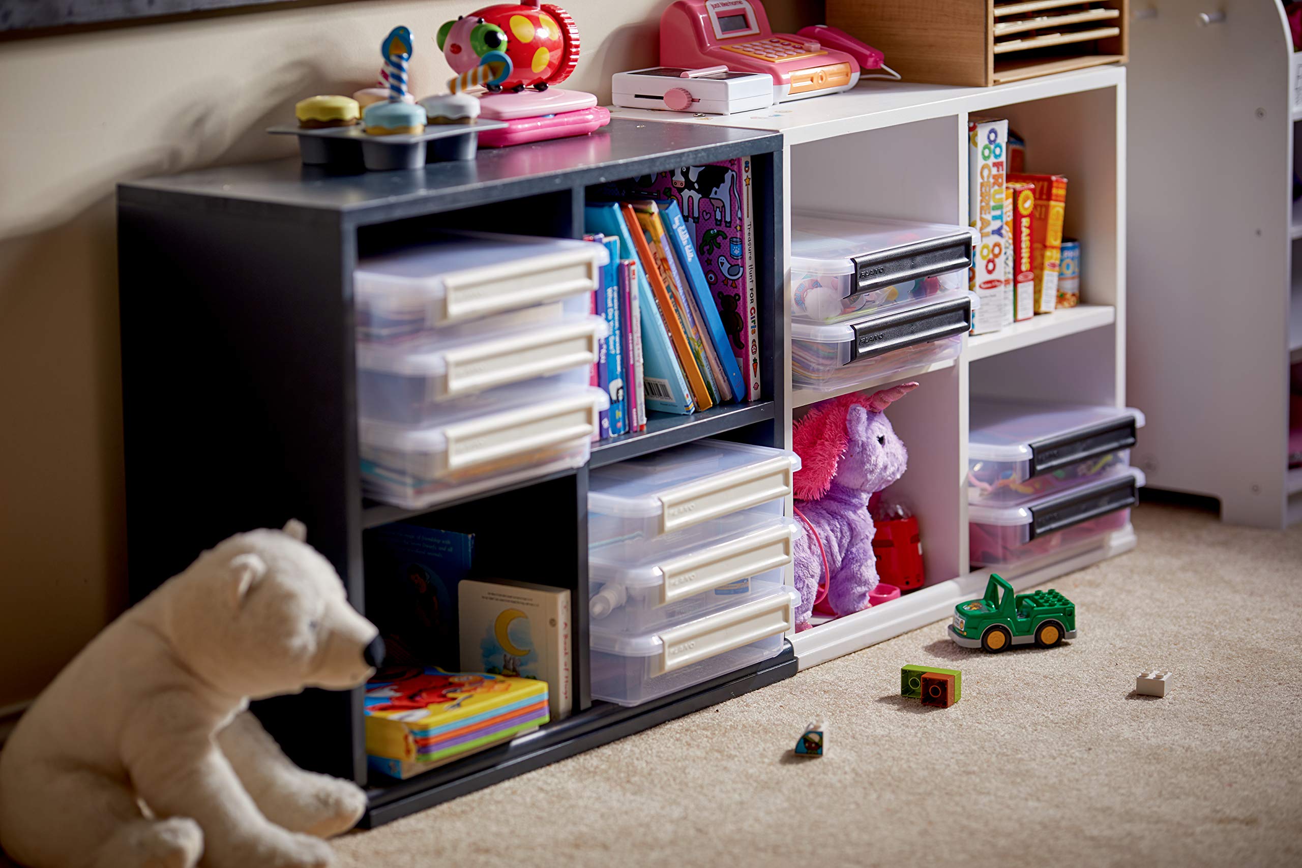 Plano (Pack of 4) Cubby Cube Clear Storage| Stackable Clear Storage Bins With Secure White Latch, Clear With White Latch