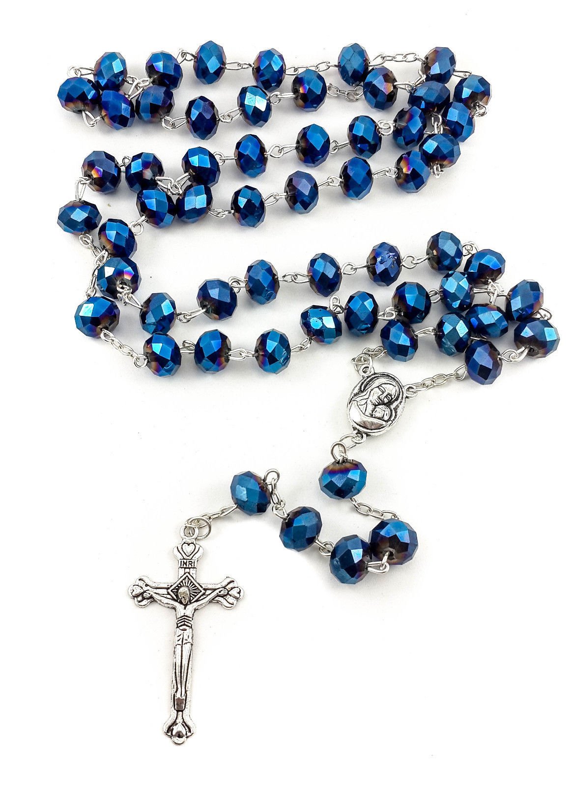 Nazareth Store Deep Blue Crystal Beads Rosary Catholic Necklace Holy Soil Medal Cross Crucifix Velvet Bag