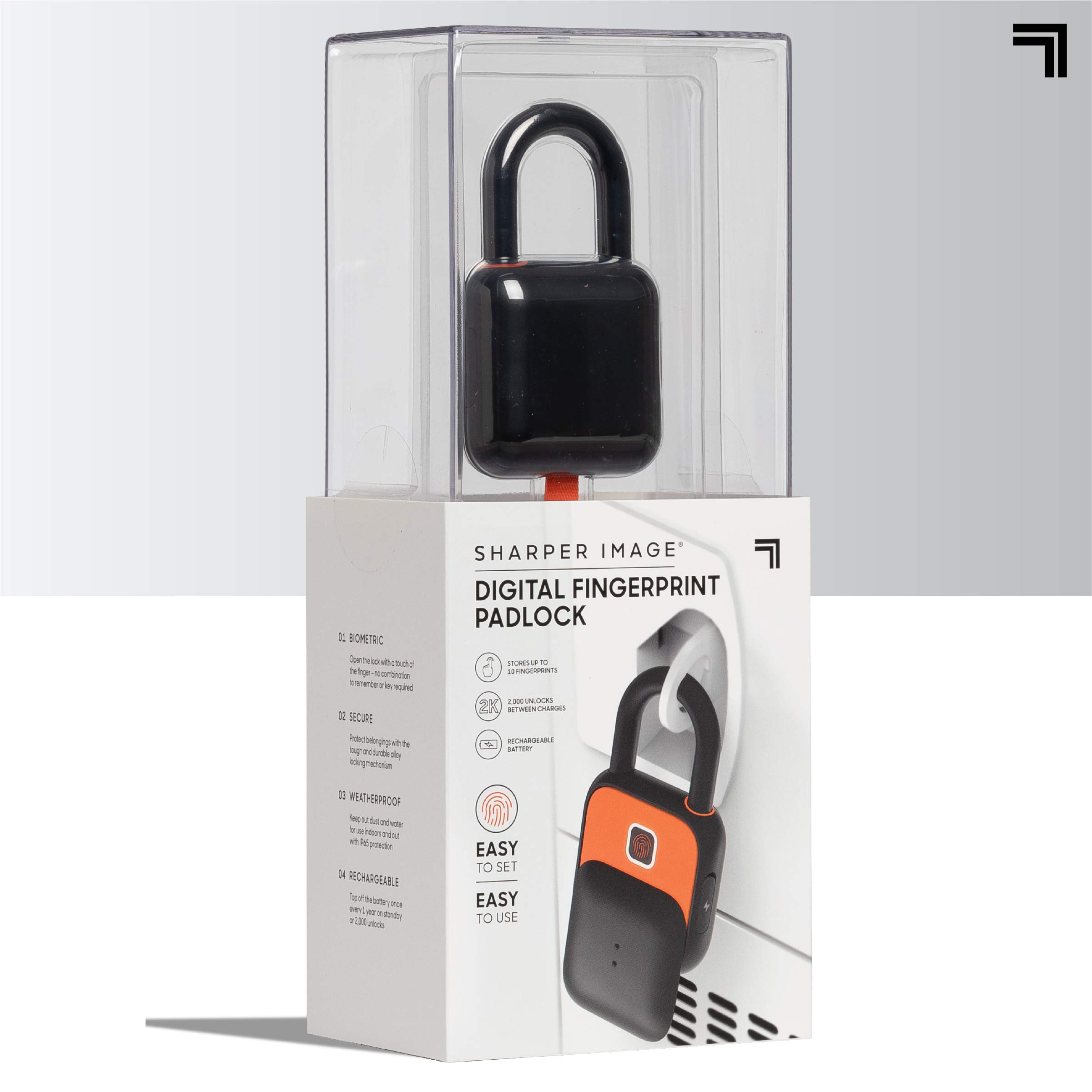 SHARPER IMAGE Fingerscan Digital Padlock, Biometric Keyless Code-Free Smart Lock, Rechargeable and IP66 Waterproof, Portable Security for Locker, Bike, Door, Gate, Home, Securely Unlock w/ Thumbprint