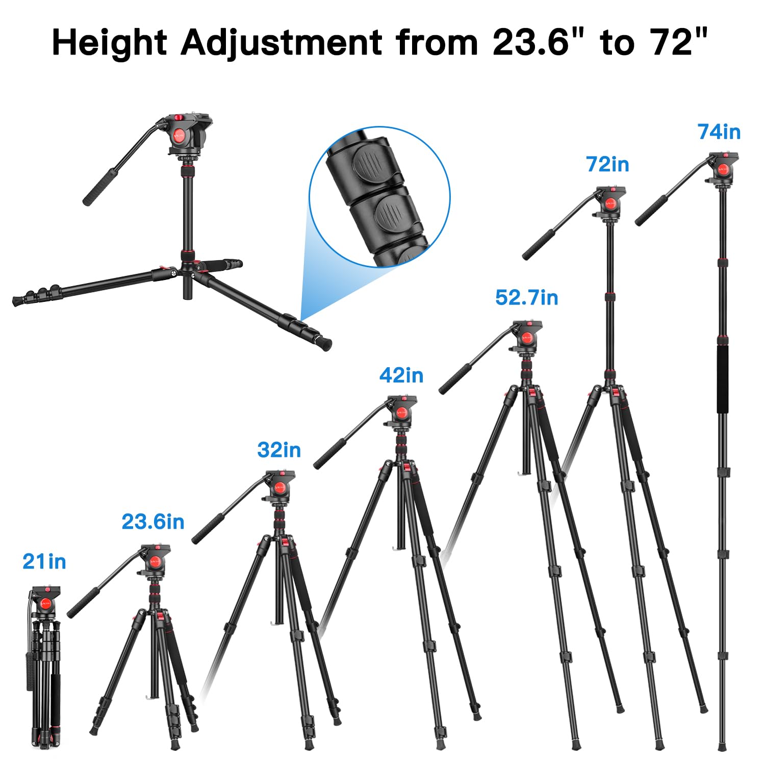 Tripod Camera Tripod, 72" Video Tripod with Fluid Head, Aluminum Heavy Duty Tripod with Carry Bag, Professional Camera Tripods & Monopods, Compatible with Video Camera, DSLR, Camcorder