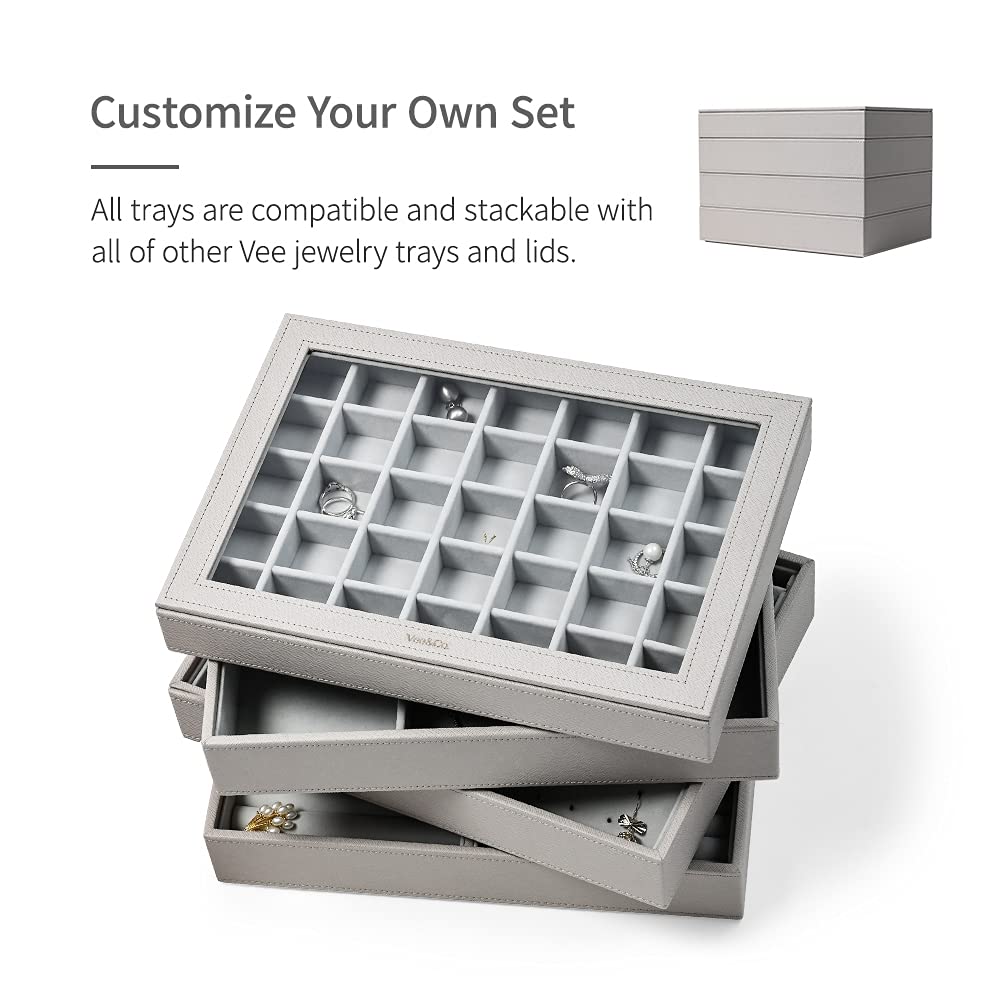 VEE&CO. Stackable Jewelry Organizer Trays for Drawers, Jewelry Drawer Inserts Container Display Case Storage for Earring Necklace Rings Bracelet with Removable Dividers