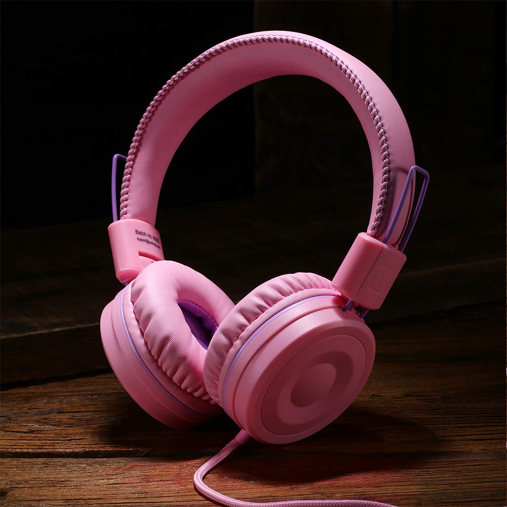 POWMEE M1 Kids Headphones Wired Headphone for Kids,Foldable Adjustable Stereo Tangle-Free,3.5MM Jack Wire Cord On-Ear Headphone for Children (Pink)